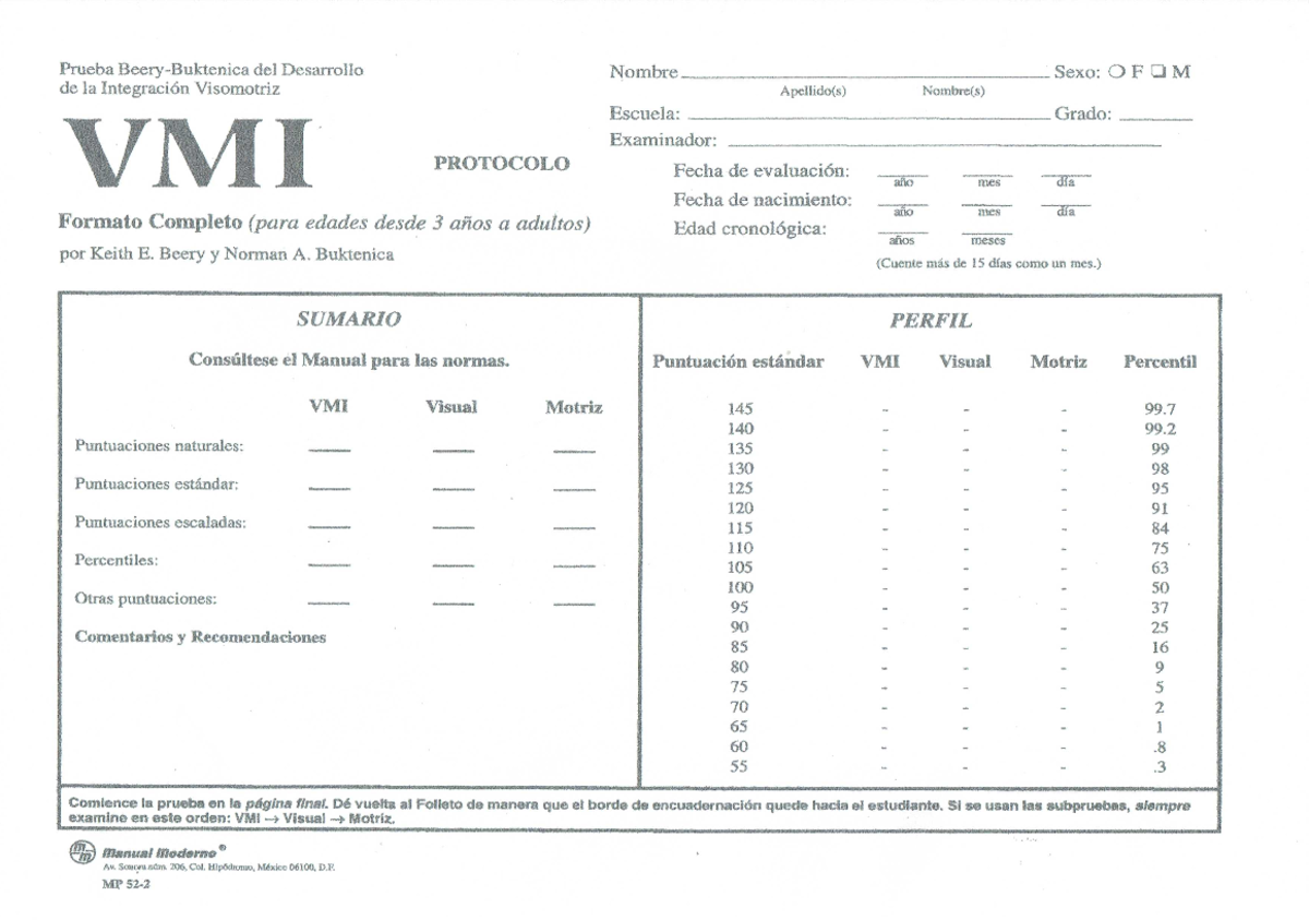 VMI Formato Completo - Prueba del Desarrollo Nombre Sexo: F M de la Integración Visomotriz - Studocu