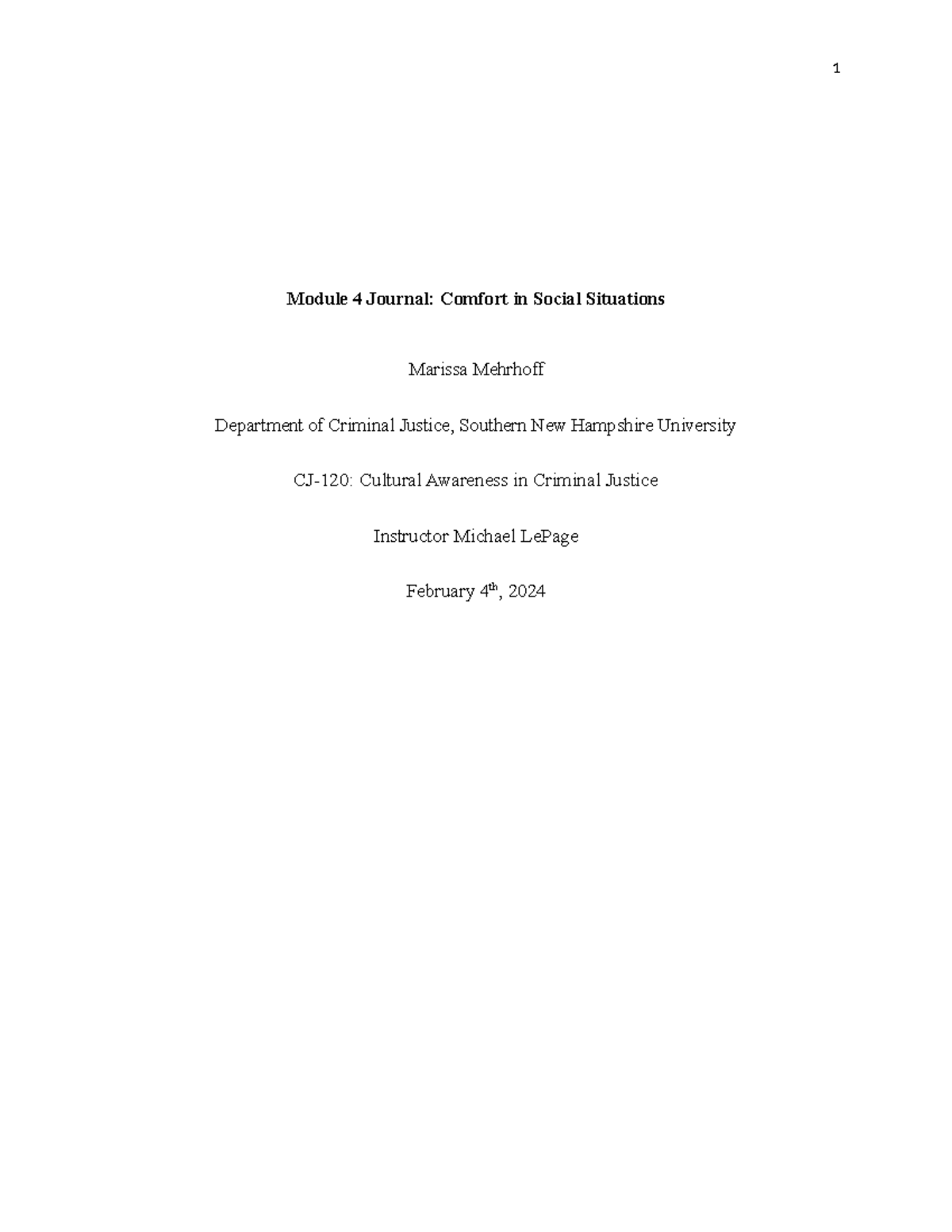 CA CJ Module 4 Journal - Module 4 Journal: Comfort in Social Situations ...