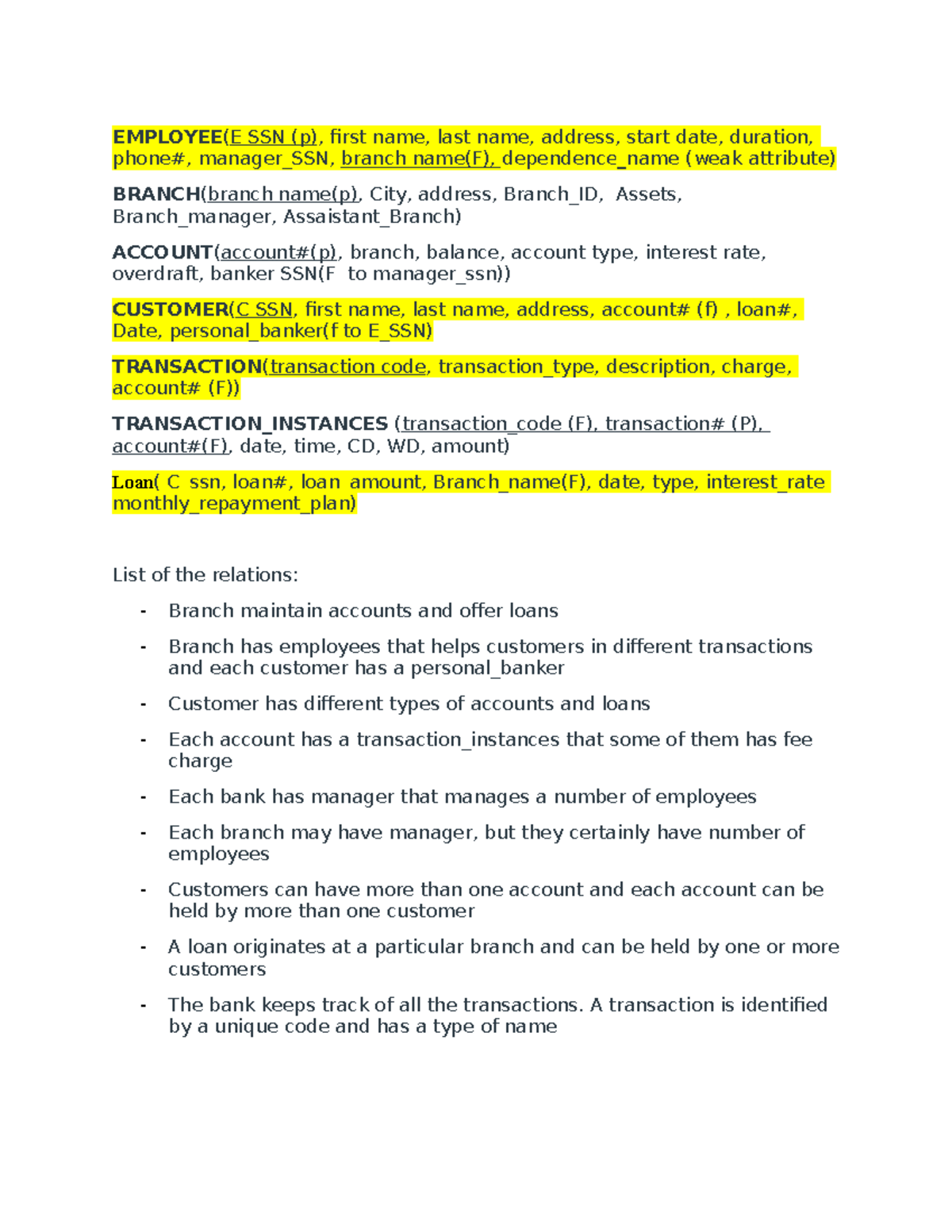 ER DATA Schema - ASSIGNMENTS - EMPLOYEE(E SSN (p), first name, last ...