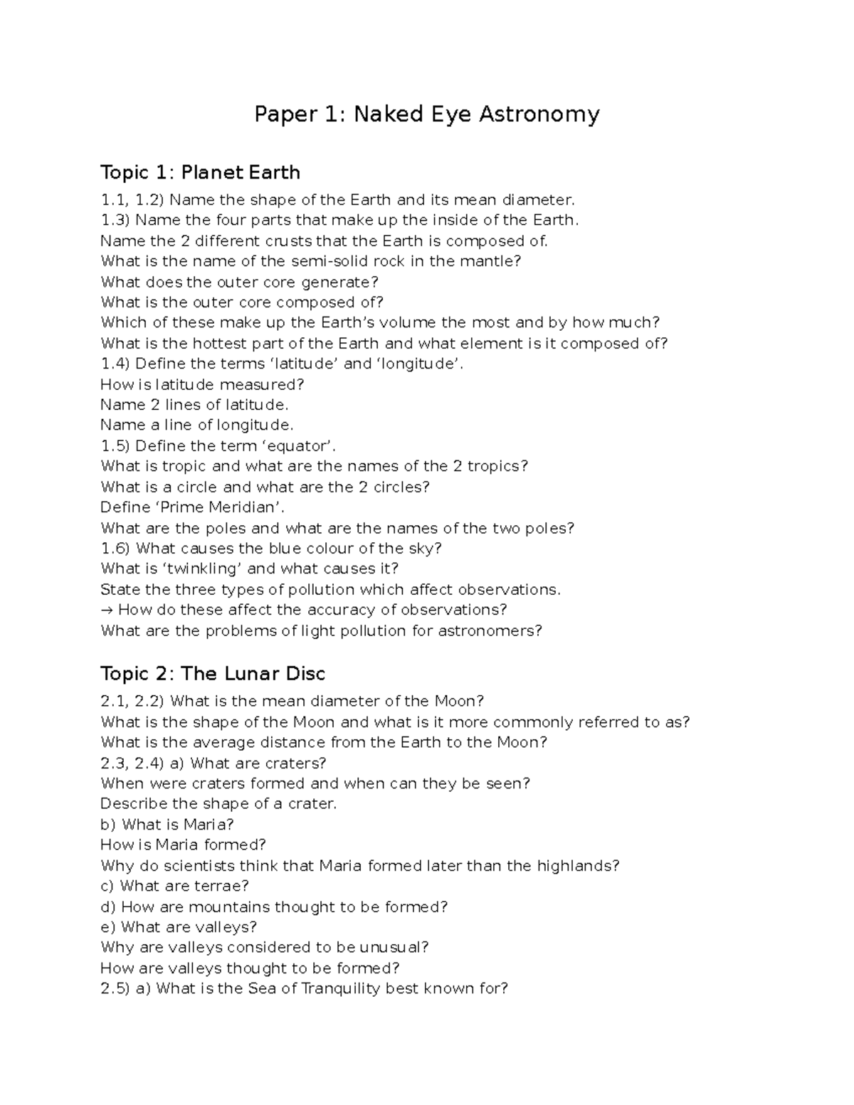 Summary questions both papers astronomy - Paper 1: Naked Eye Astronomy ...
