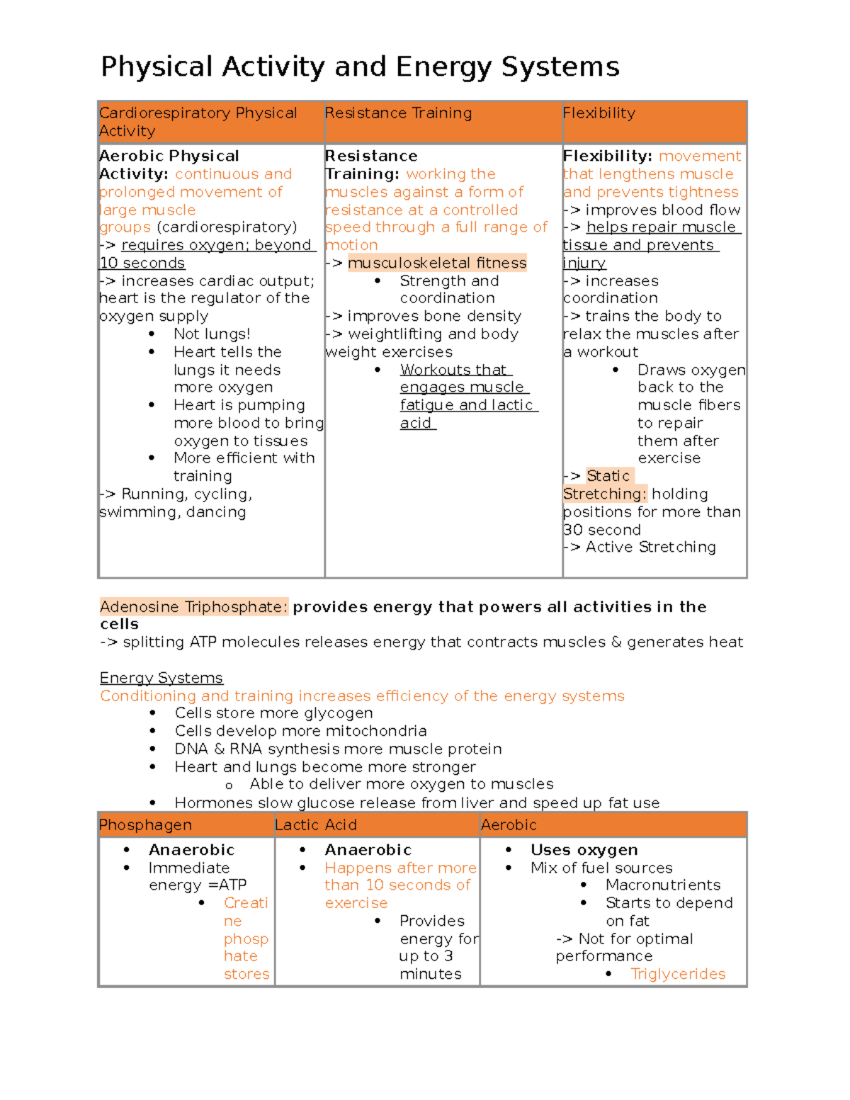 Physical Activity and Energy Systems Notes - Physical Activity and ...
