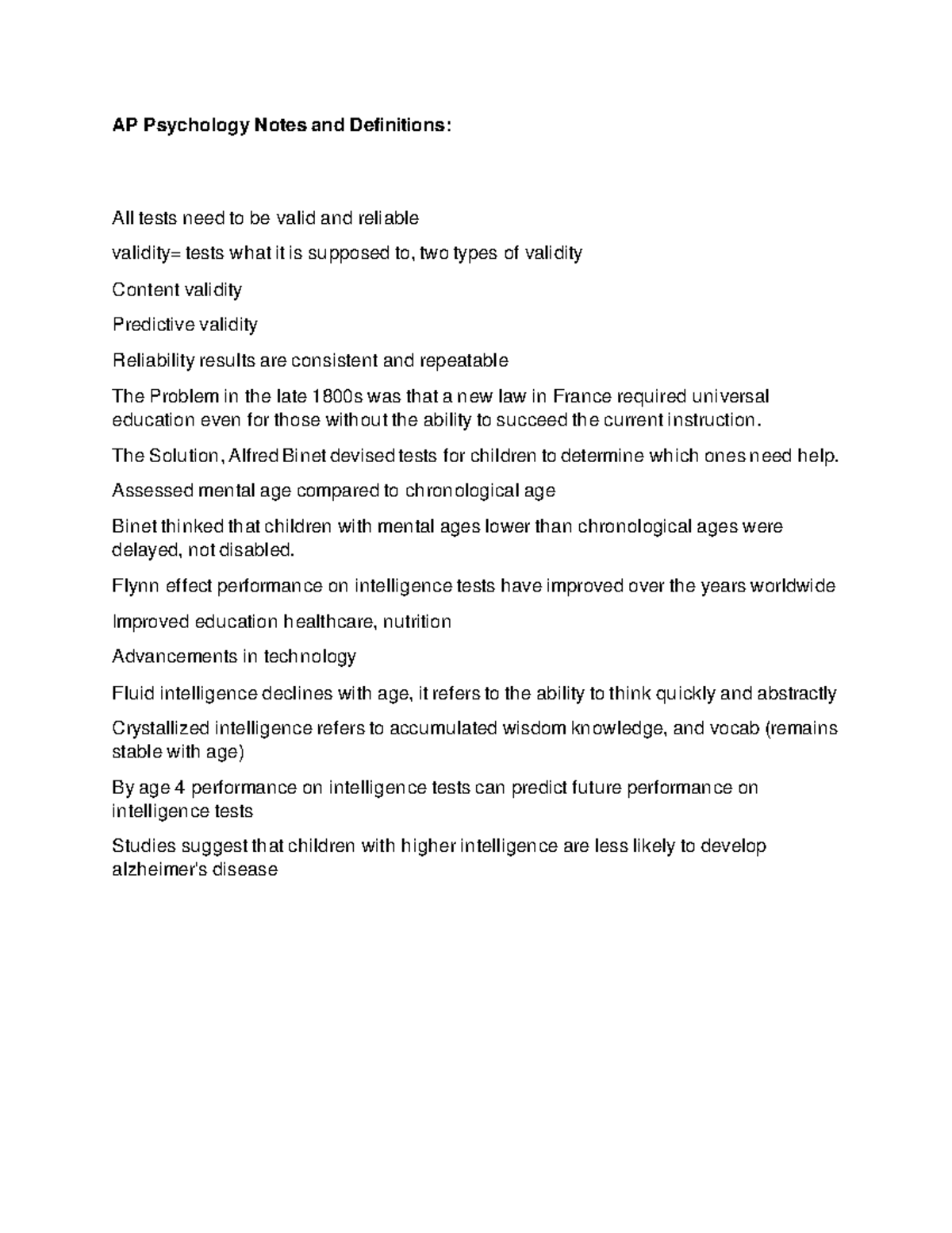 AP Psychology Notes and Definitions - The Solution, Alfred Binet ...