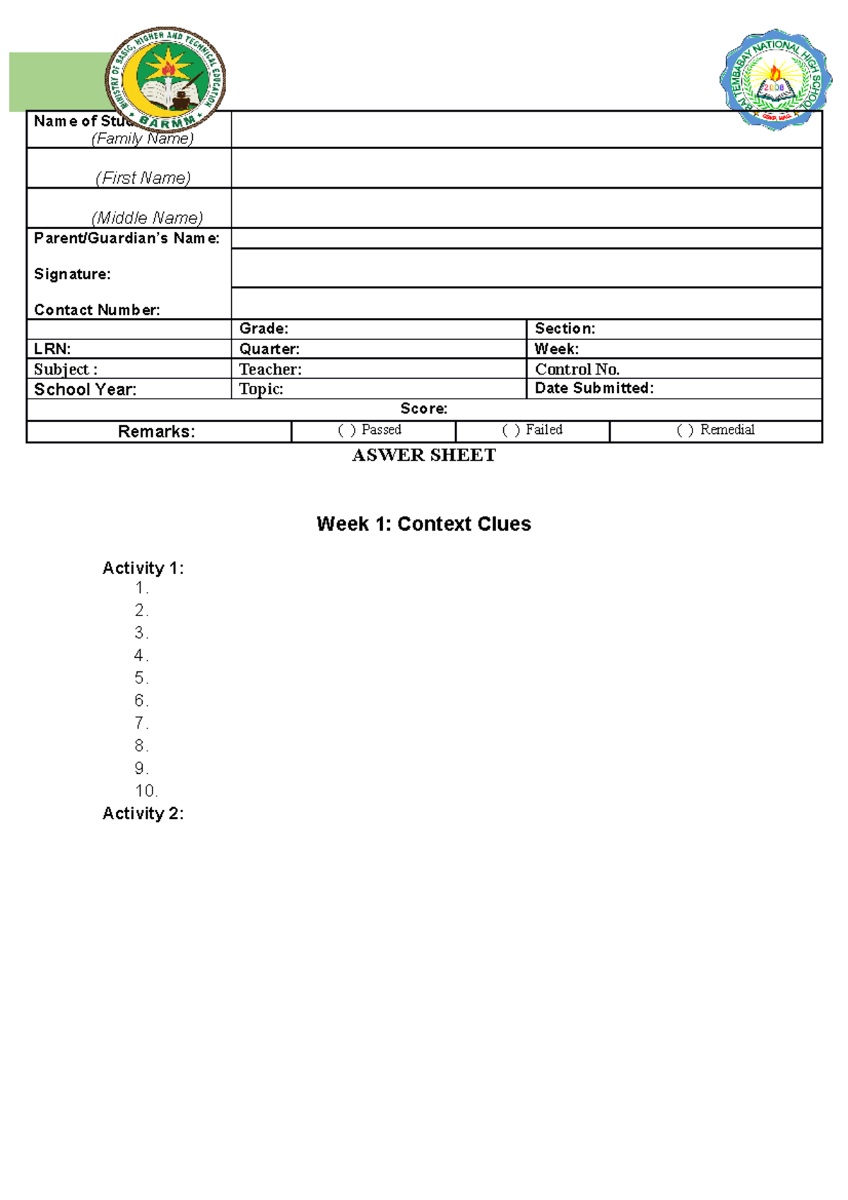 Answer-sheet - answer Sheet - Bachelor of Secondary Education - MSU ...