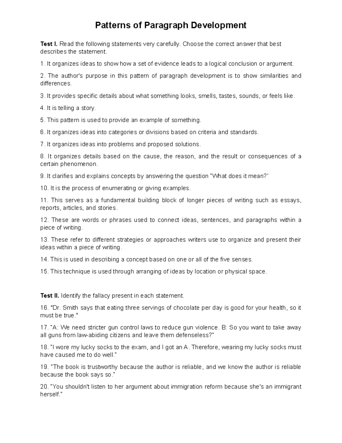 Pragraph Dvlpm Exam - Assignments - Patterns of Paragraph Development ...