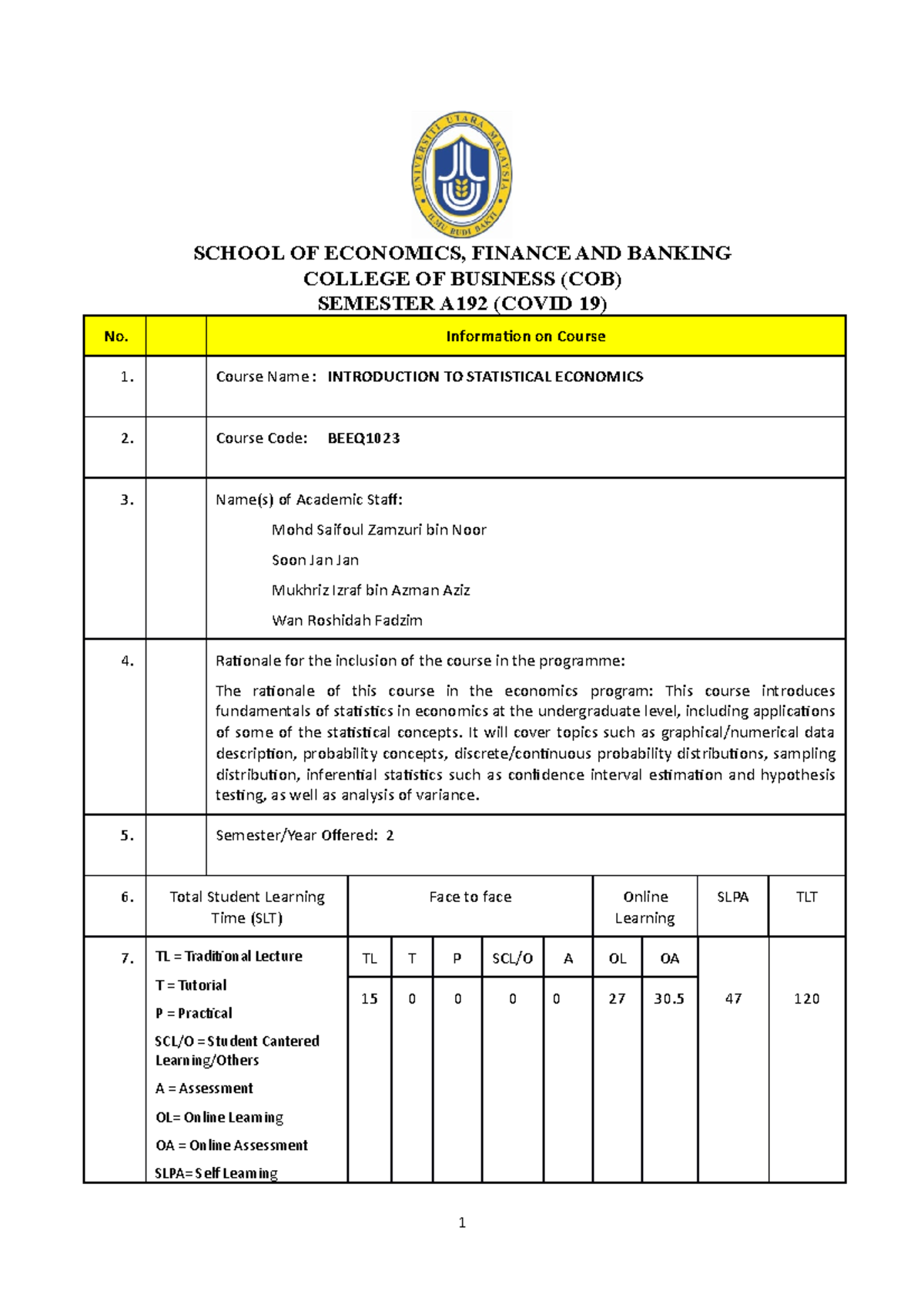 MQA BEEQ1023 Syllabus Mqaobe A202 Covid 19 - SCHOOL OF ECONOMICS ...