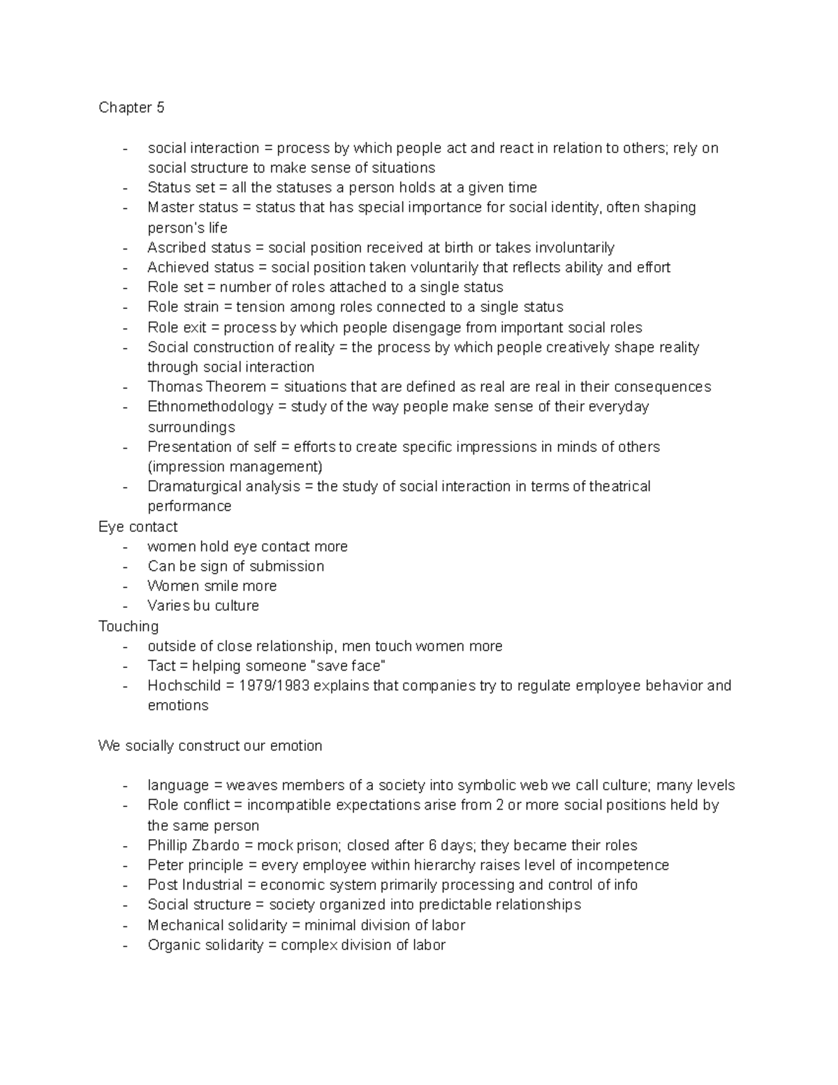 Sociology chapter 5 and 6 notes - Chapter 5 social interaction ...