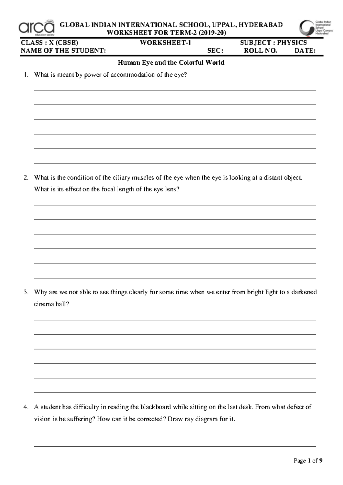 Physics - drdjhj5ejh - WORKSHEET FOR TERM-2 (2019-20) CLASS : X (CBSE ...