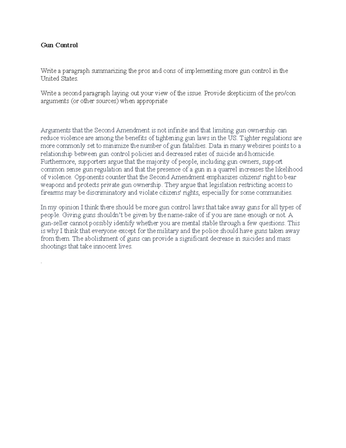 Gun Control - notes - Gun Control Write a paragraph summarizing the ...