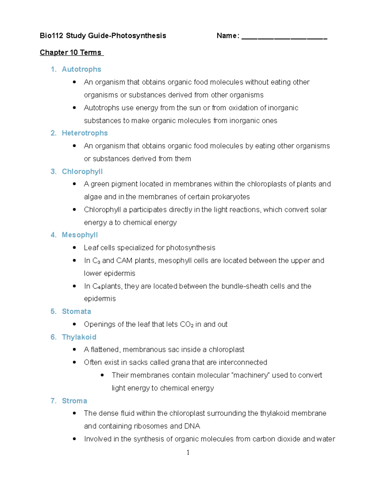 Study guide Ch 10 (Photosynthesis) - Bio112 Study Guide-Photosynthesis ...