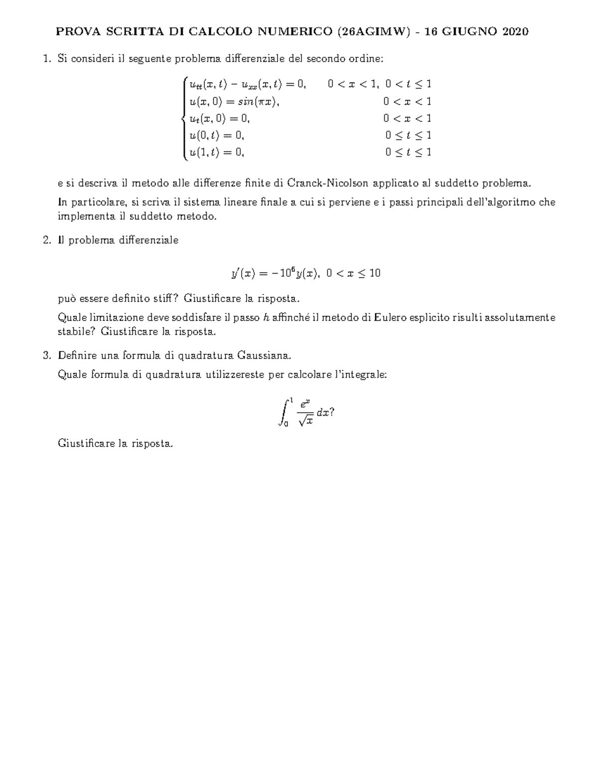 Prova scritta 2020 06 16 - PROVA SCRITTA DI CALCOLO NUMERICO (26AGIMW ...