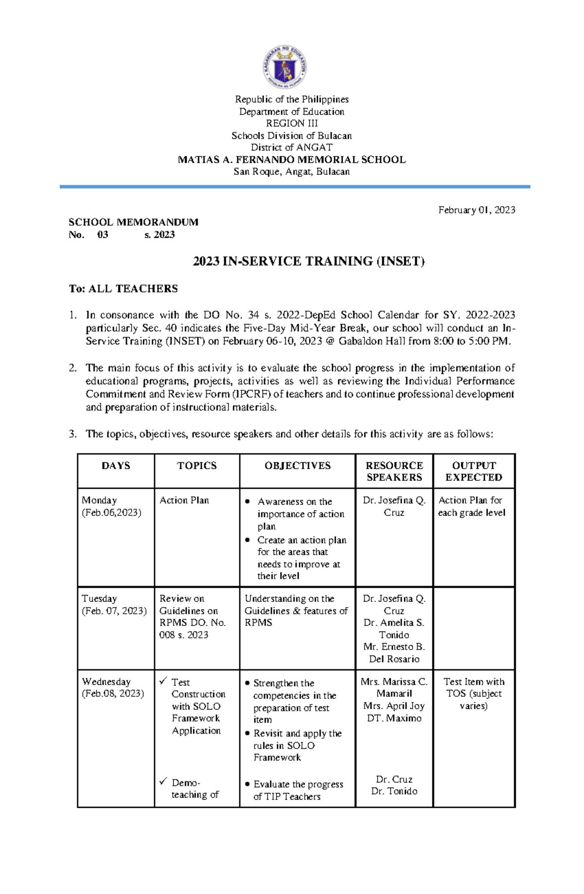 2023 Inset MEMO 3 - helps - Republic of the Philippines Department of ...