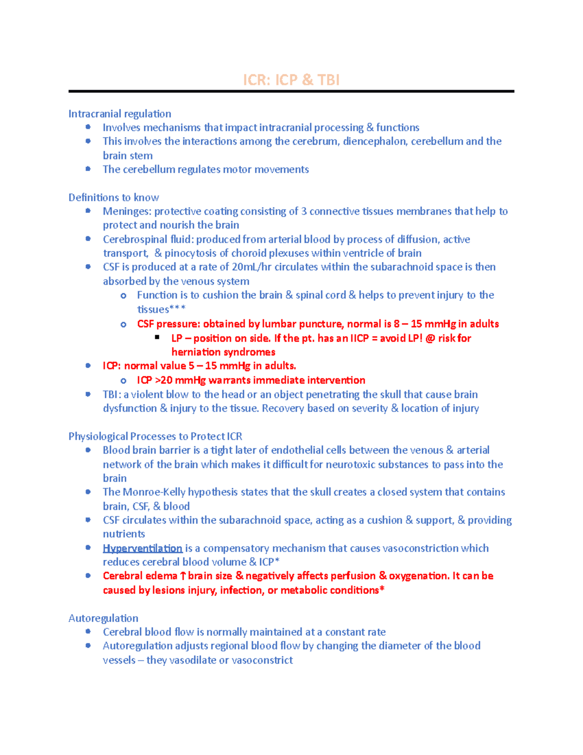 ICR, ICP, TBI Notes - ICR: ICP & TBI Intracranial regulation Involves ...