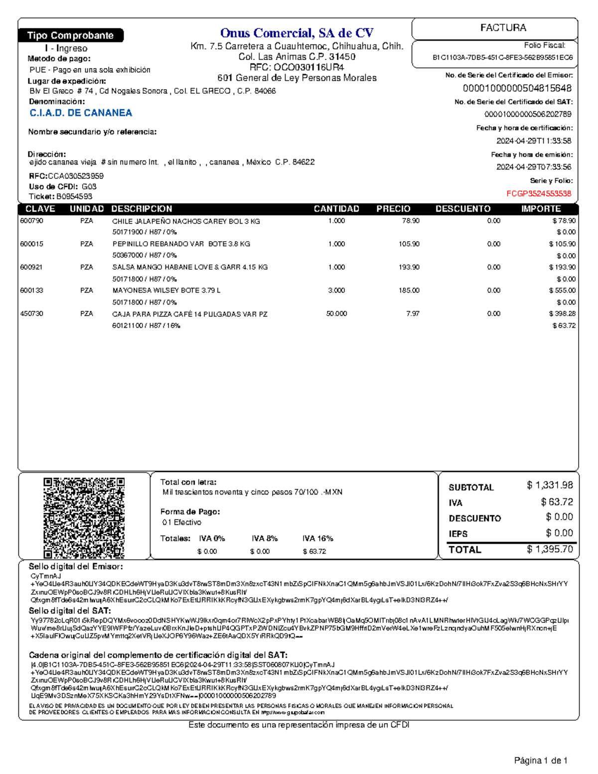 FCGP3524553538 CCA030523959 - Página 1 de 1 C.I.A. DE CANANEA Onus Comercial, SA de CV Km. 7 ...