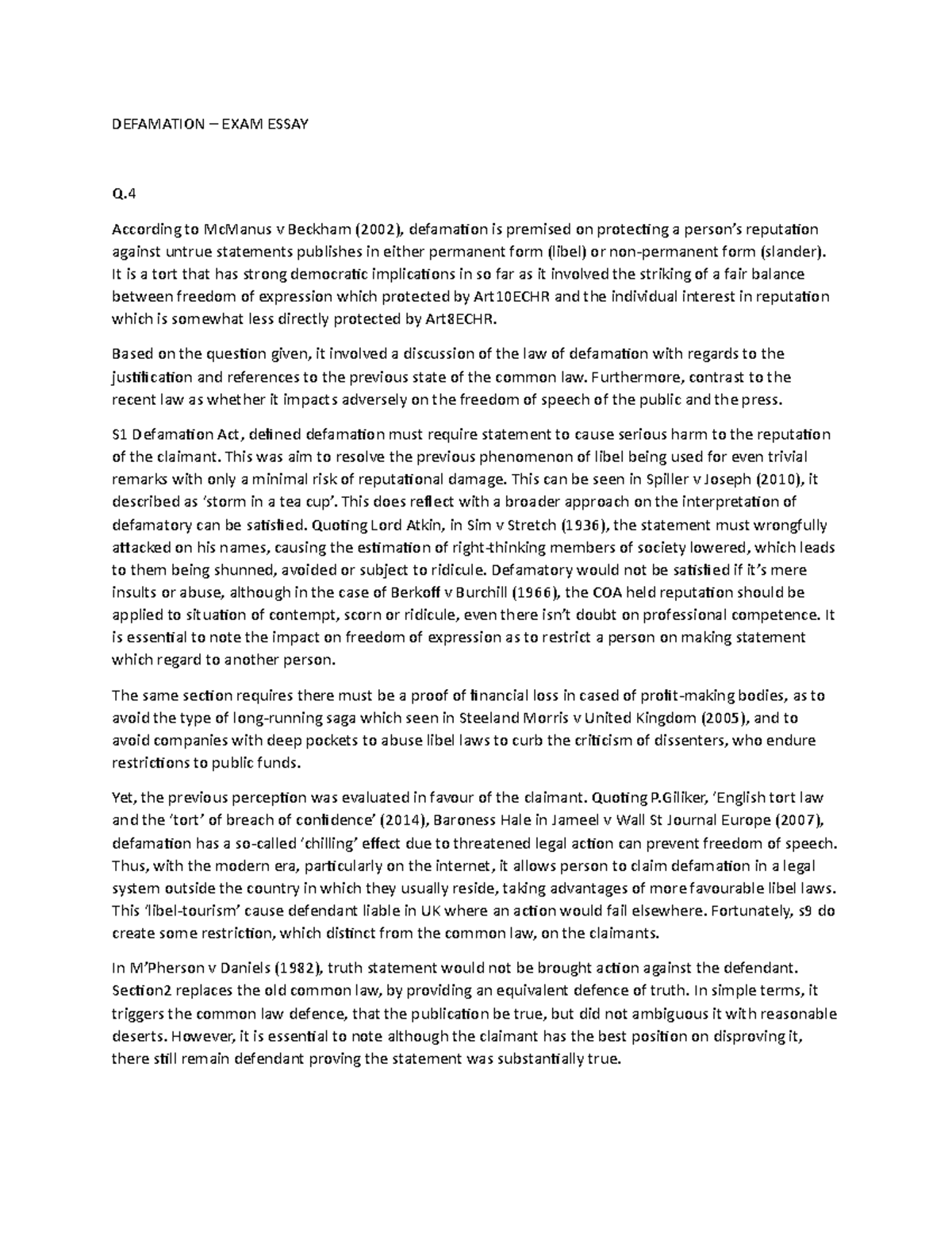 TORT - Defamation EXAM - Grade: 70 - DEFAMATION – EXAM ESSAY Q ...