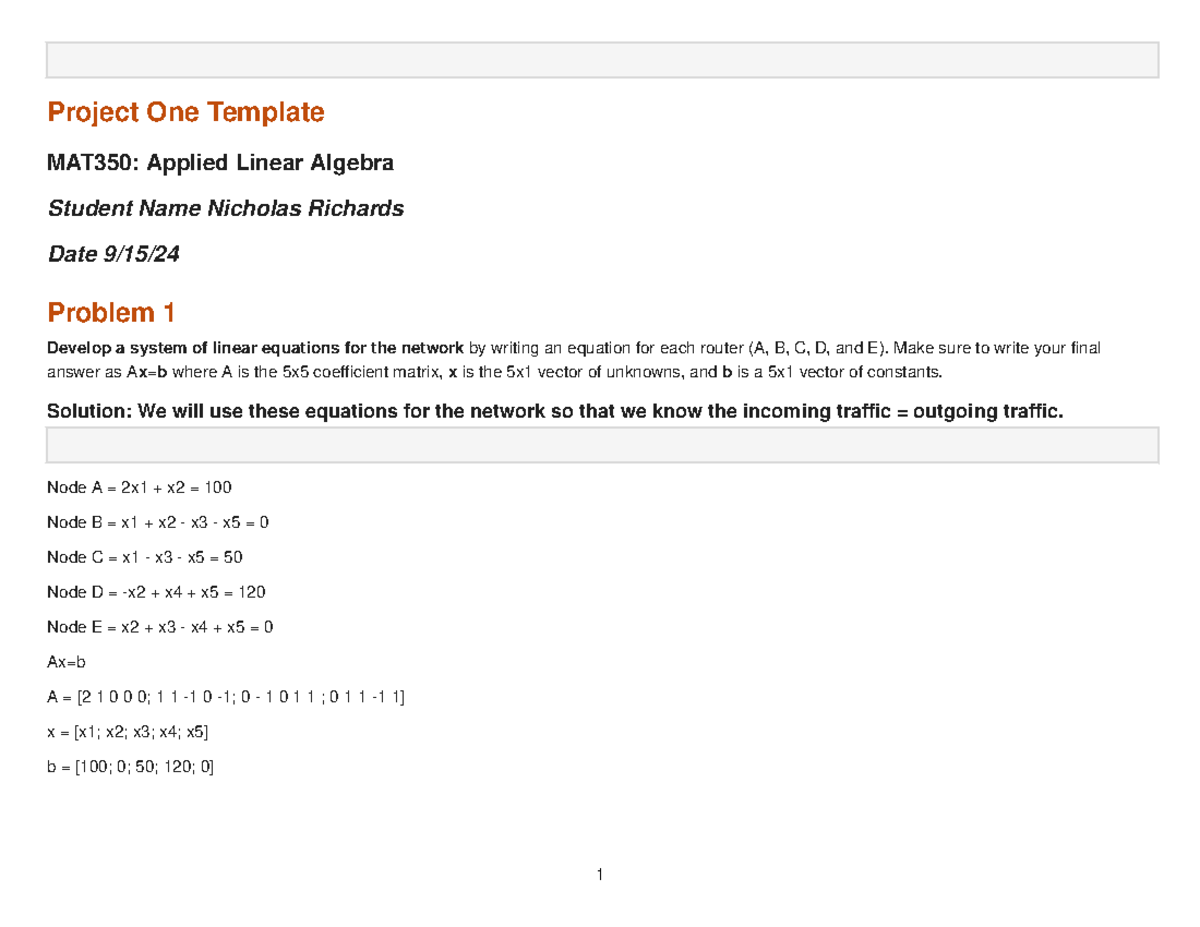 Project One assignment - Project One Template MAT350: Applied Linear ...