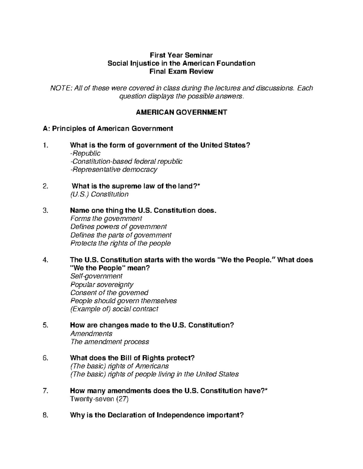 ASU FYS Exam Study Guide - First Year Seminar Social Injustice in the ...