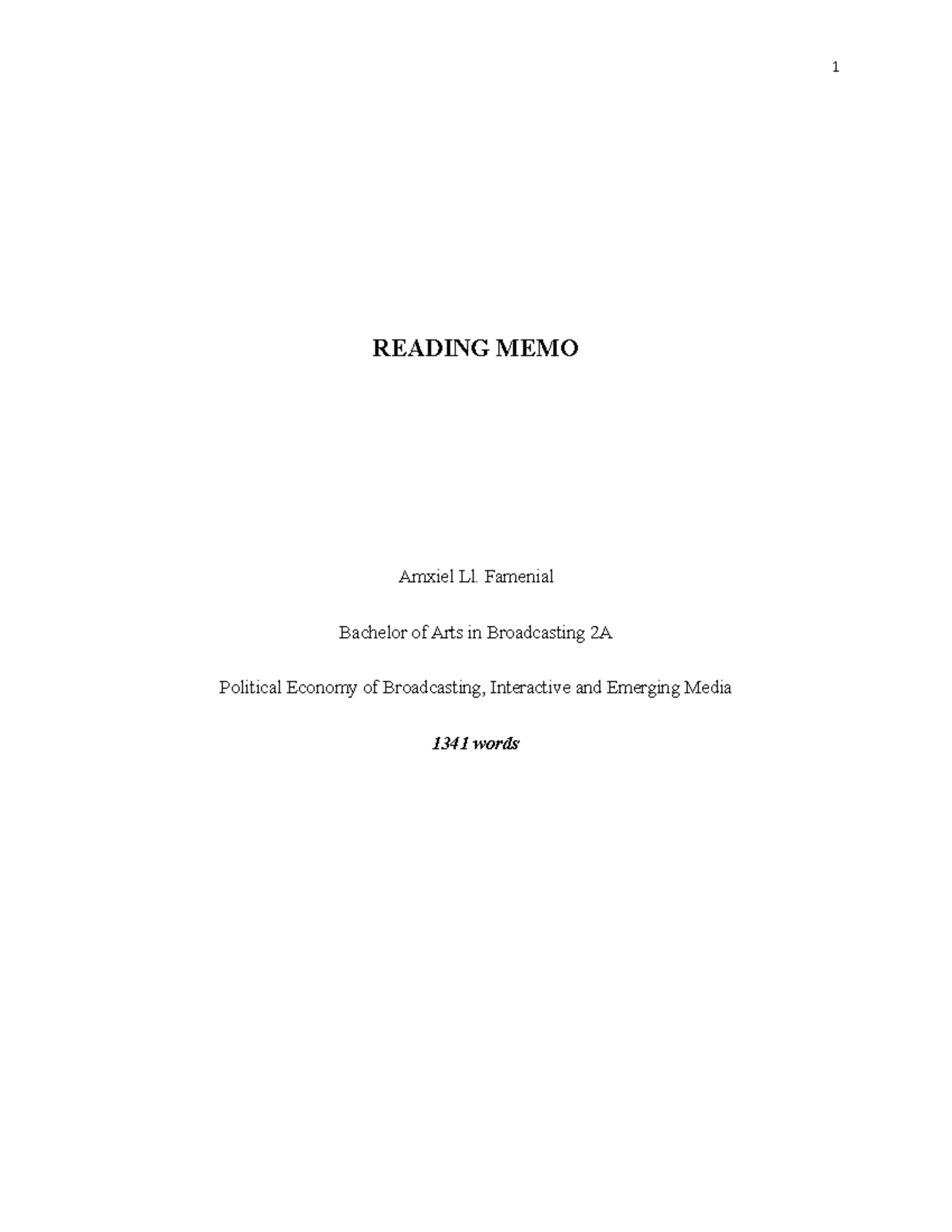 Political Economy - Reading Memo - READING MEMO Amxiel Ll. Famenial ...