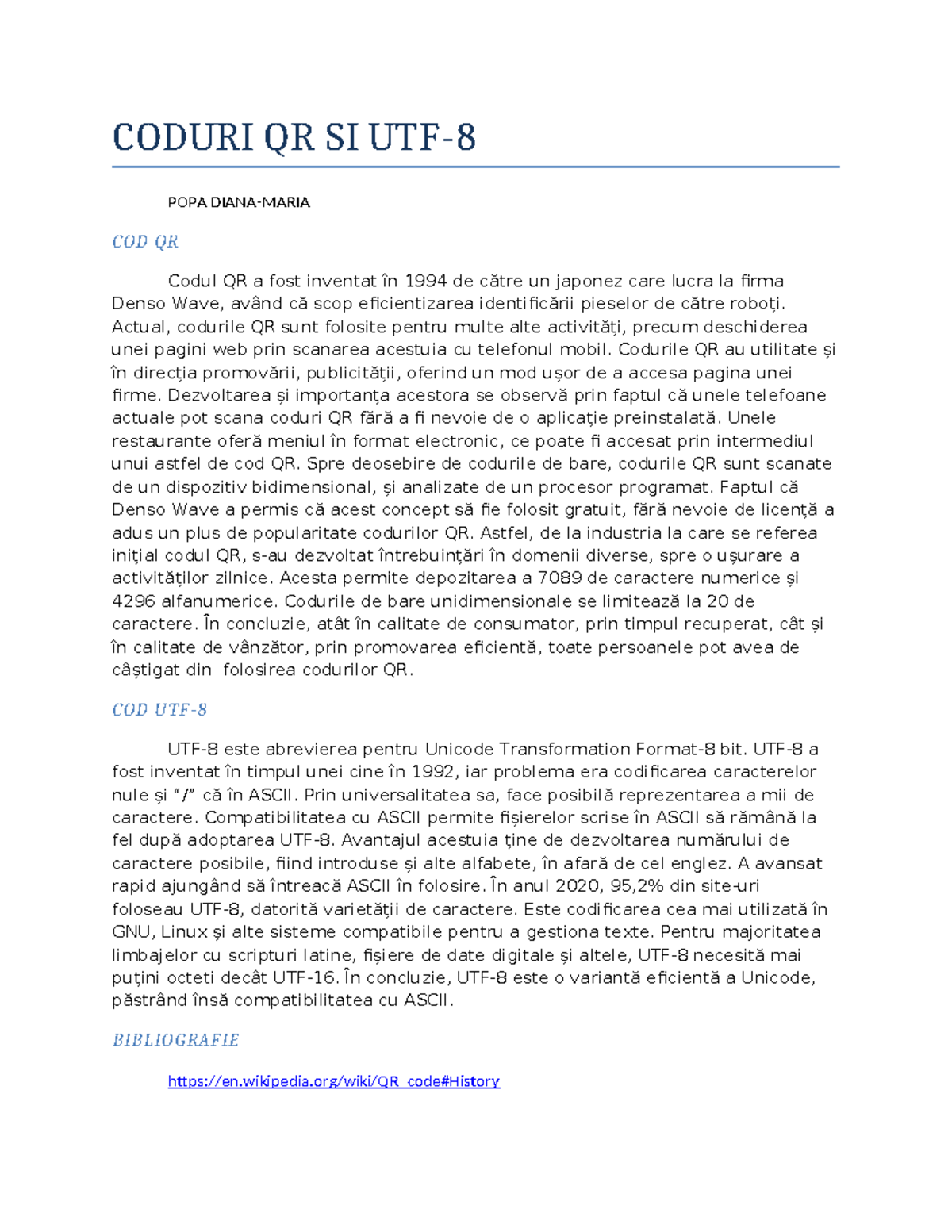 Coduri QR SI UTF - CODURI QR SI UTF- POPA DIANA-MARIA COD QR Codul QR a ...