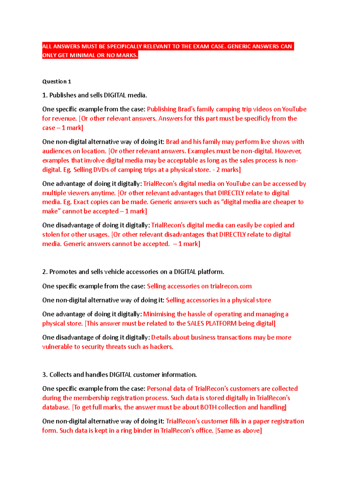Exam Marking Guide - Exam answers - ALL ANSWERS MUST BE SPECIFICALLY ...