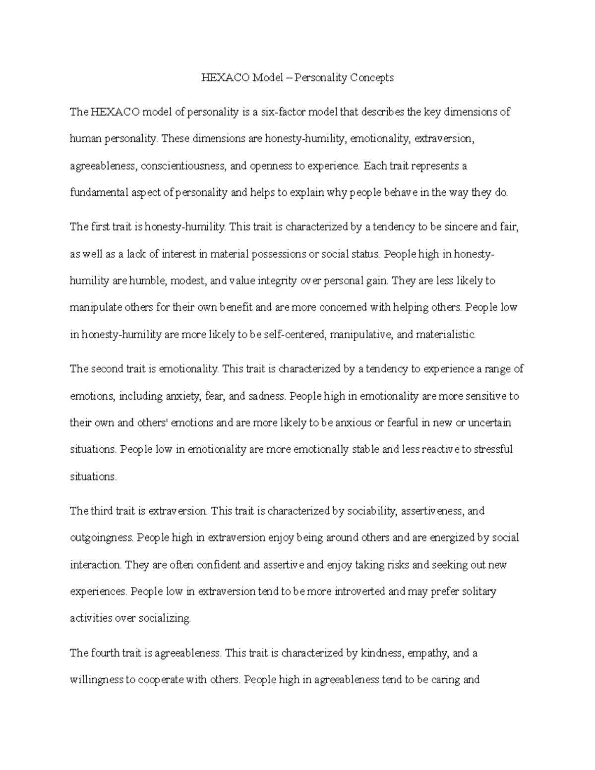 Hexaco model, personality concepts - HEXACO Model – Personality ...