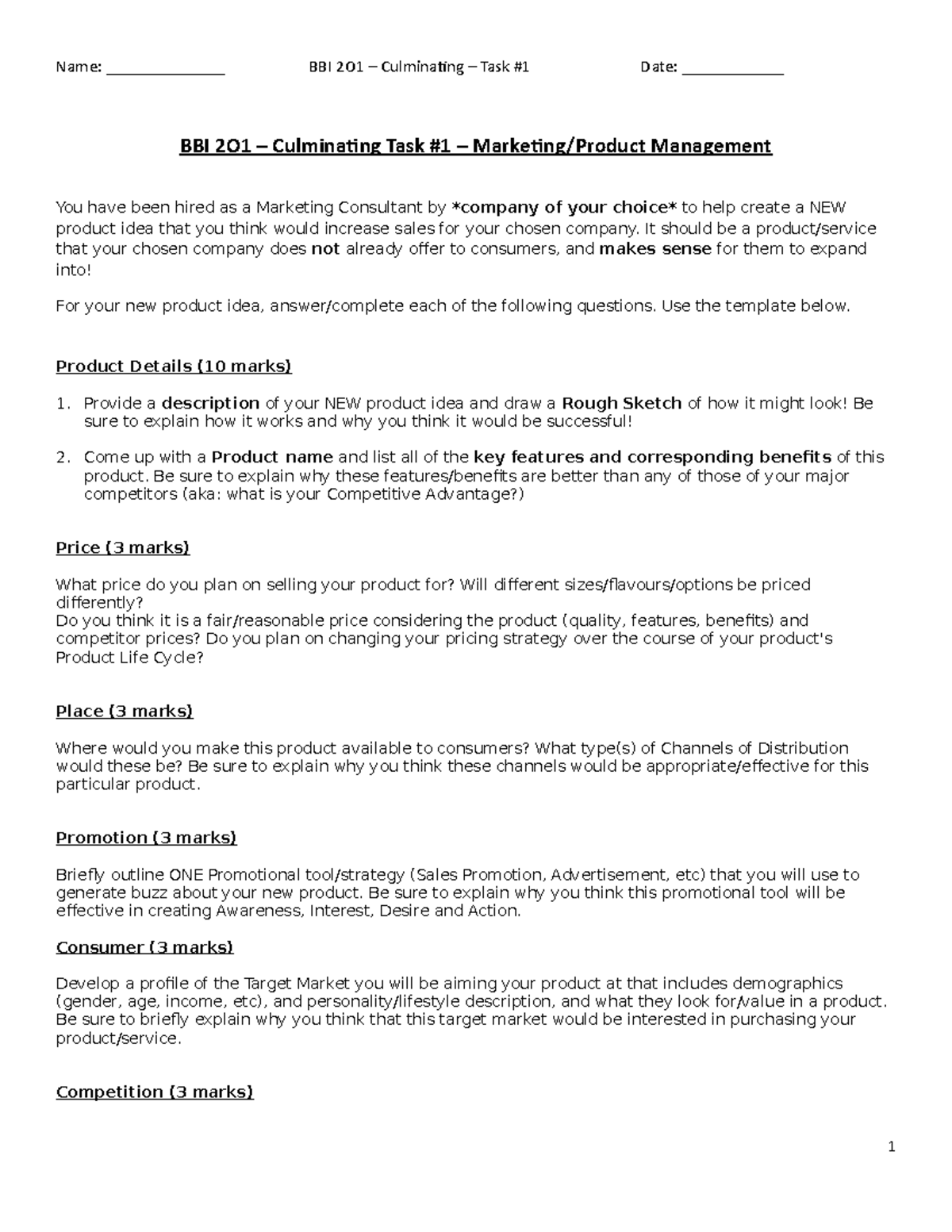 BBI 2O1 - Culminating Task 1 (Marketing) - Name: ______________ BBI 2O1 ...
