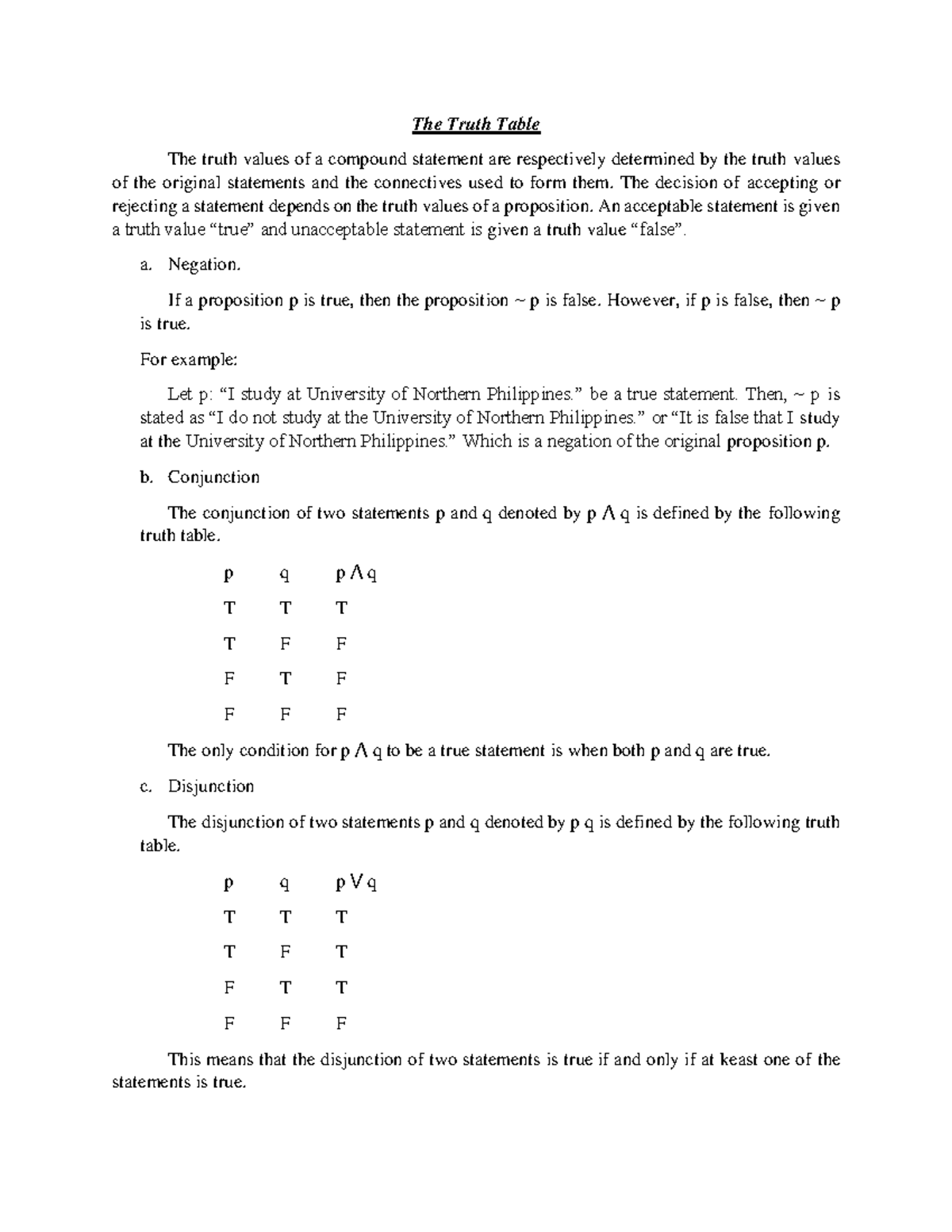 The Truth Table - The Truth Table The truth values of a compound ...