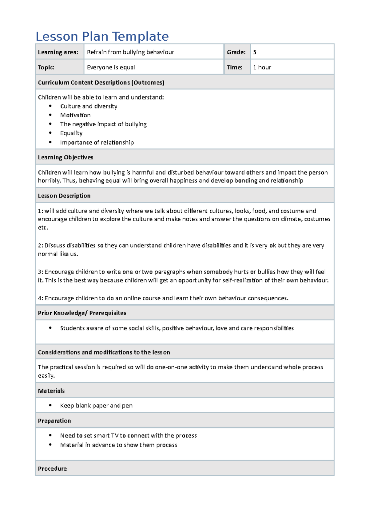 Bullying Lesson Plan - Lesson Plan Template Learning area: Refrain from ...