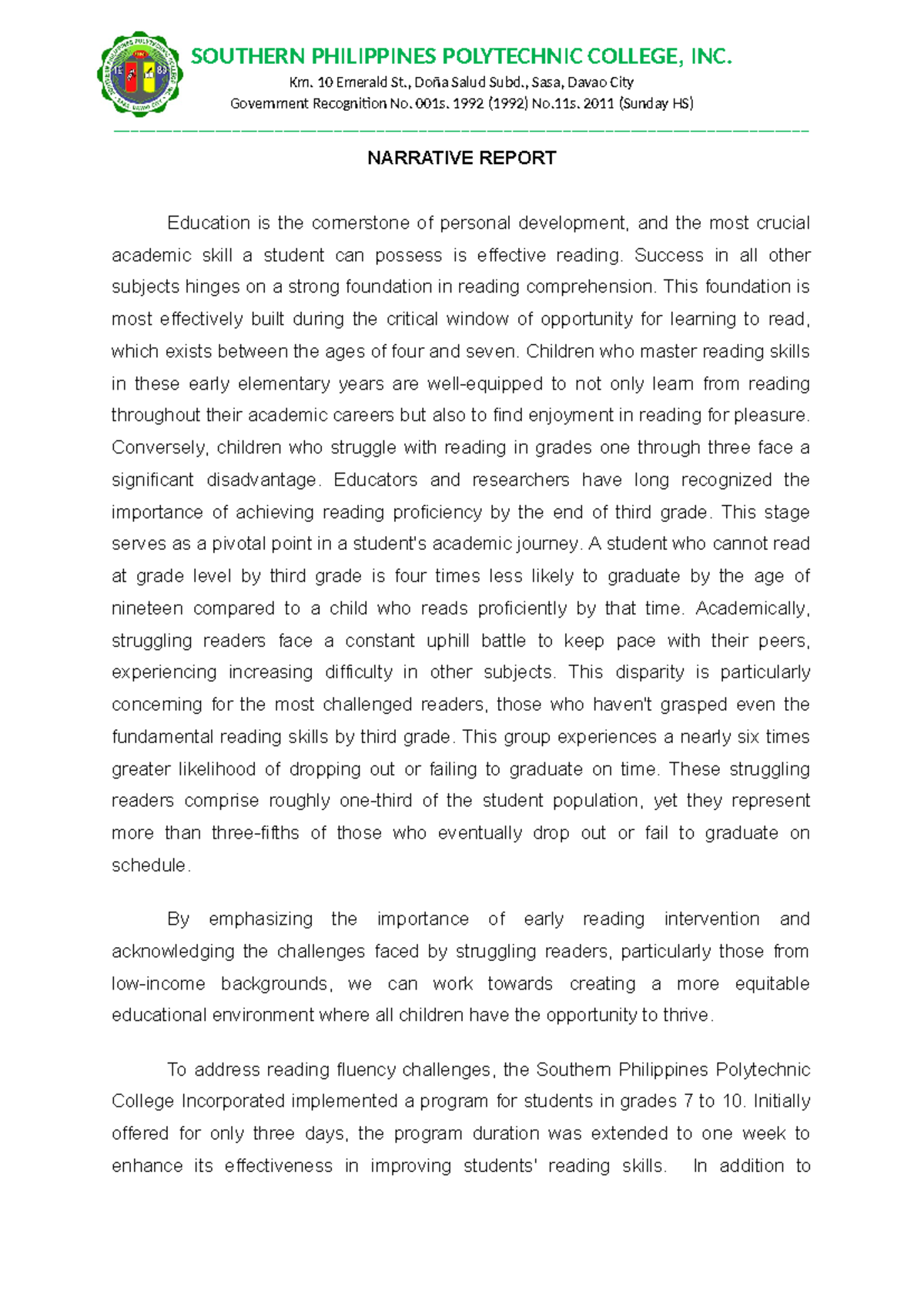 Star program Narrative- Report - Copy - NARRATIVE REPORT Education is ...