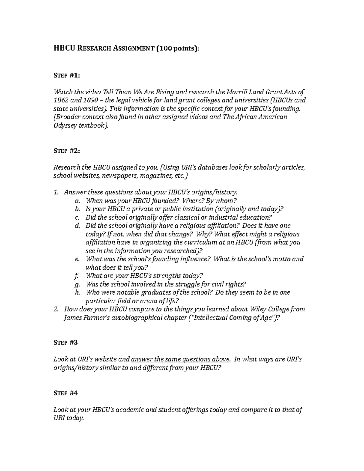 HBCU research directions - HBCU RESEARCH ASSIGNMENT (100 points): STEP ...
