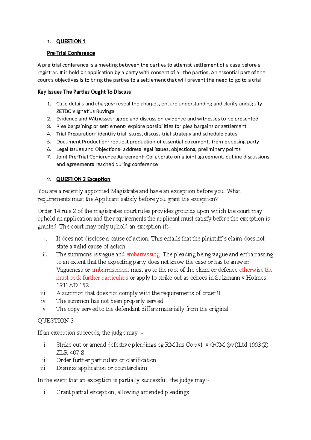 Civil Procedure Tutorial 1-1 - 1. QUESTION 1 Pre-Trial Conference A pre-trial conference is a ...