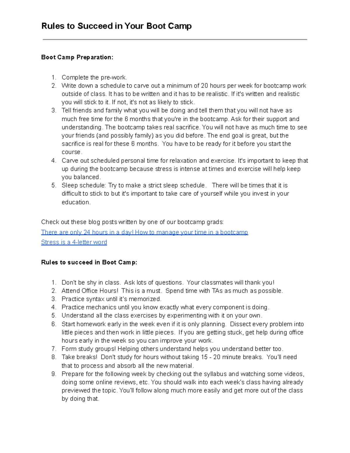 Rules to Succeed in Your Boot Camp - Write down a schedule to carve out ...