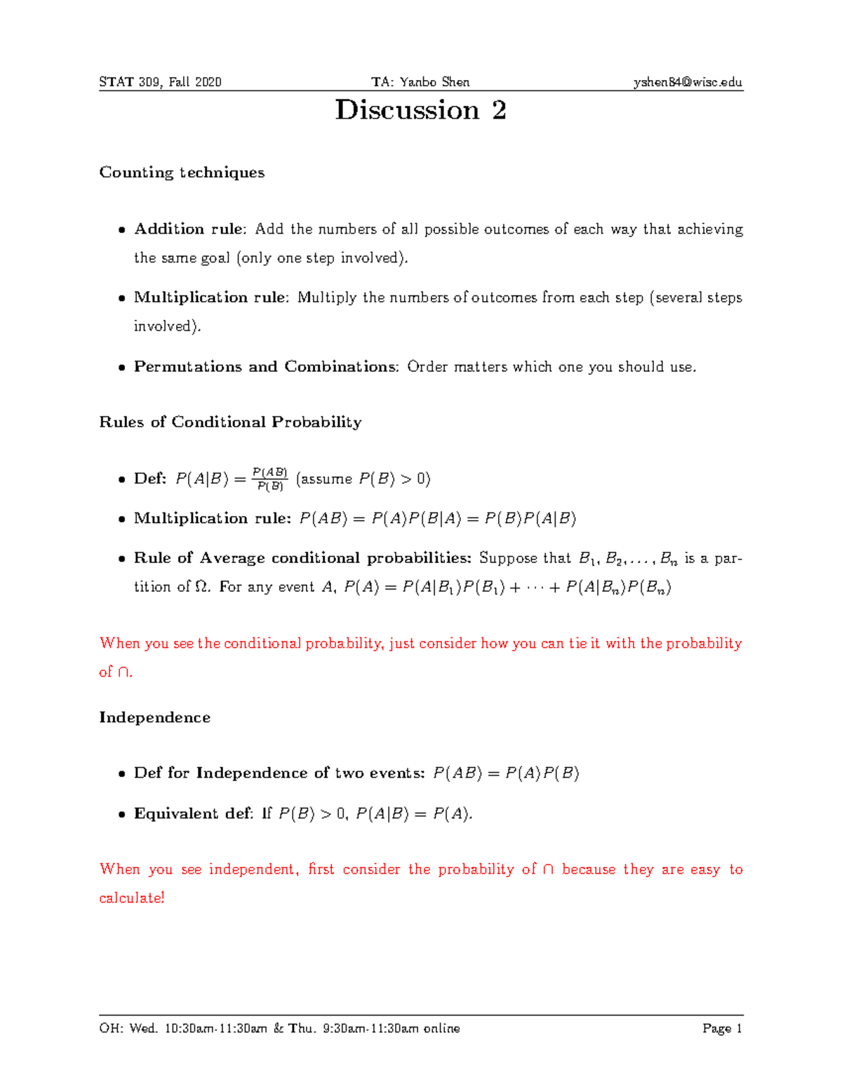 Disc2 soln - fall 20 - Discussion 2 Counting techniques Addition rule: Add the numbers of all ...