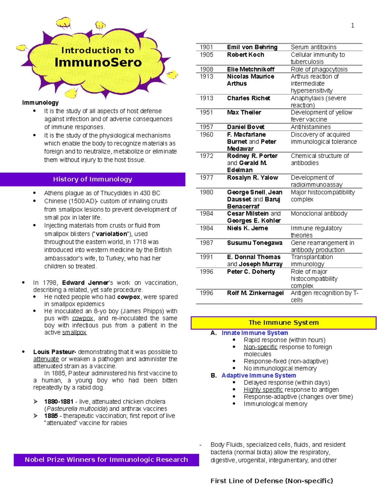 Intro to Immuno Sero - Immunology It is the study of all aspects of host defense against ...
