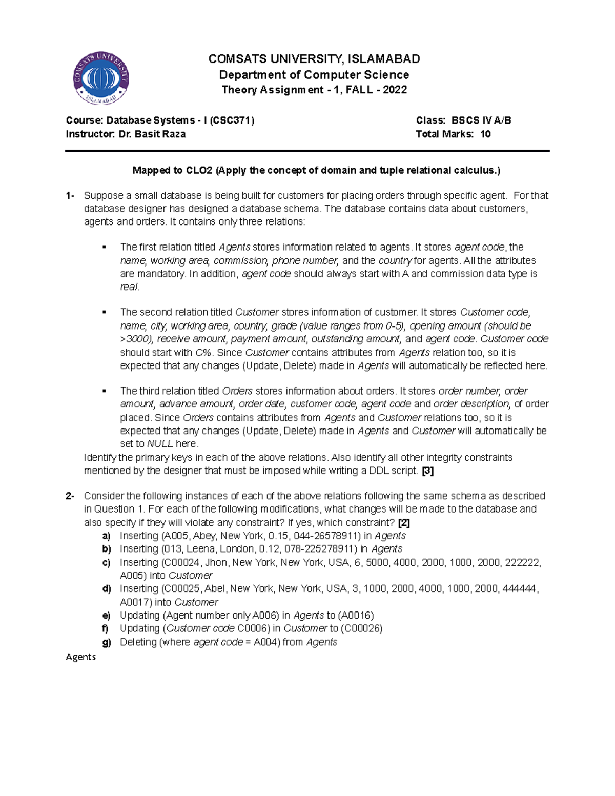 Theory Assignment 1 Db Material Comsats University Islamabad Department Of Computer Science