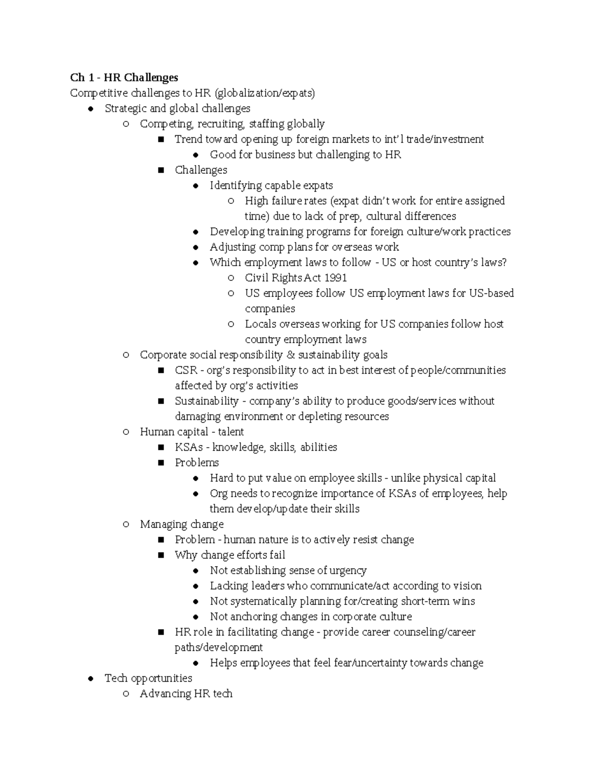 MGT 352 - Exam 1 Review - Ch 1 - HR Challenges Competitive challenges ...