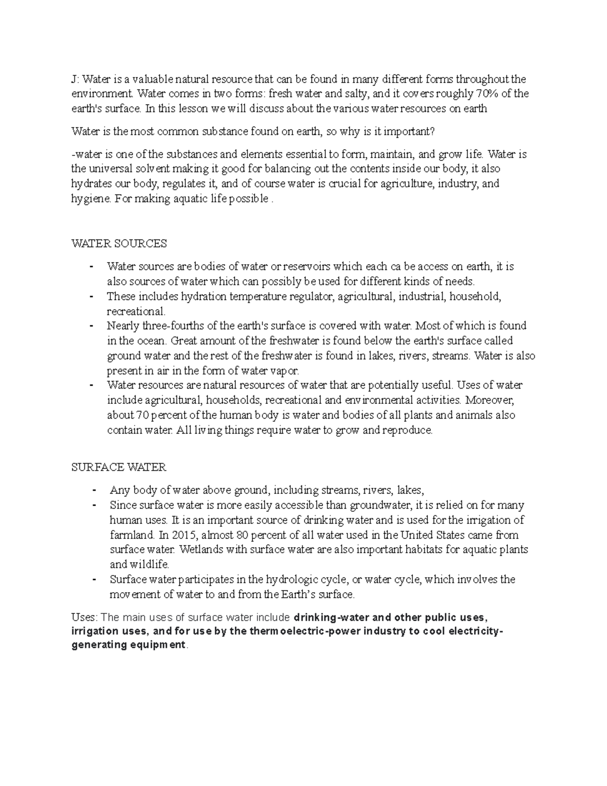 Earth-science-water - n/a - J: Water is a valuable natural resource ...