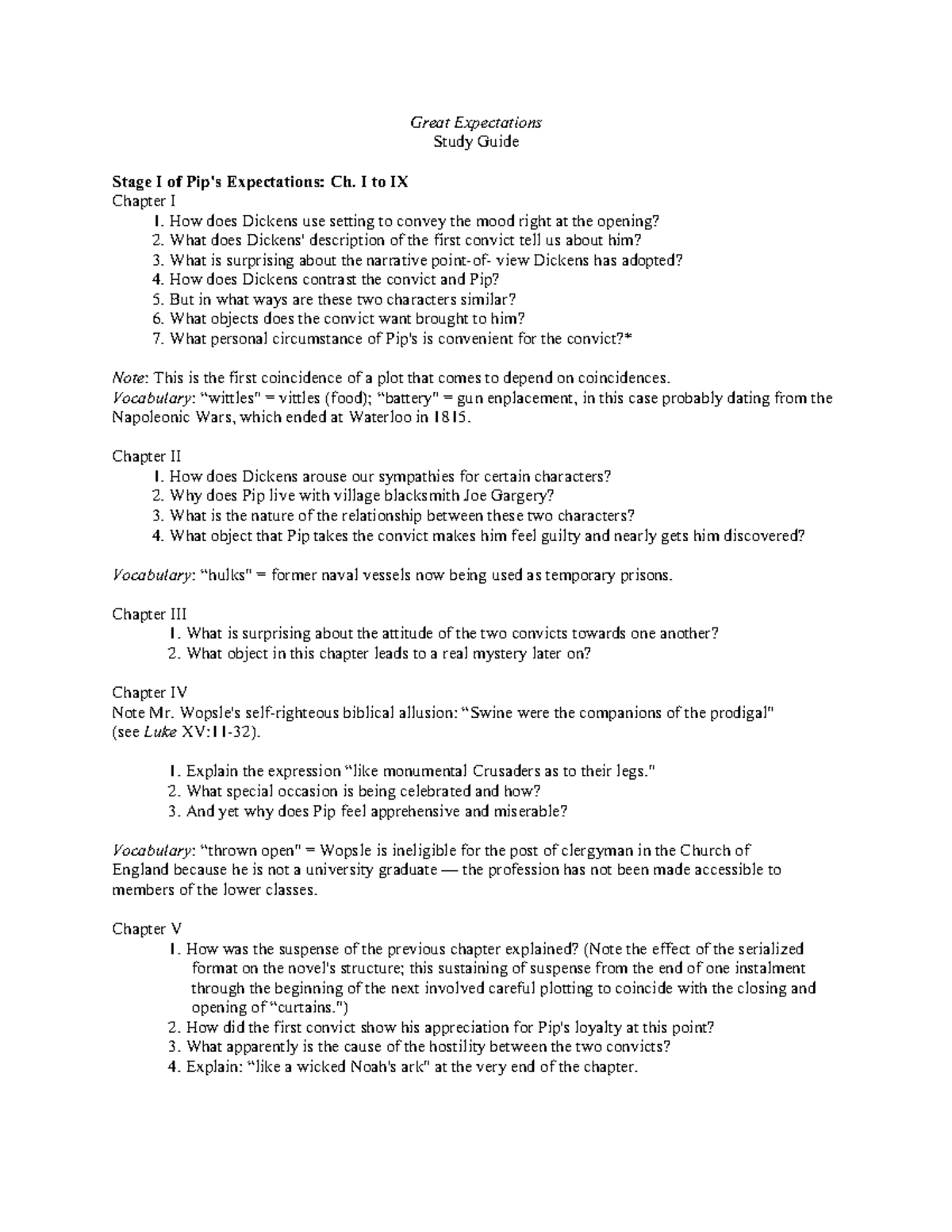 Great Expectations Study Guide Stage I of Pip's Expectations Ch. I - I ...