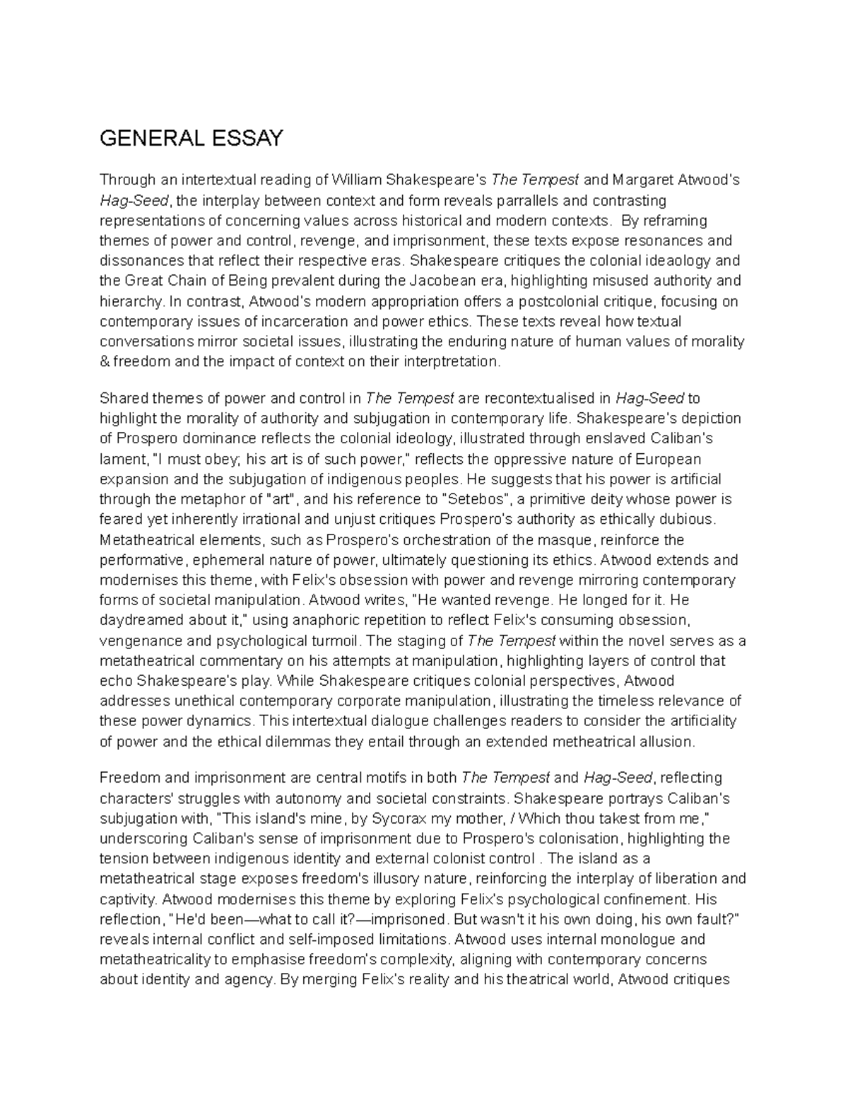 Mod A essay - GENERAL ESSAY Through an intertextual reading of William ...