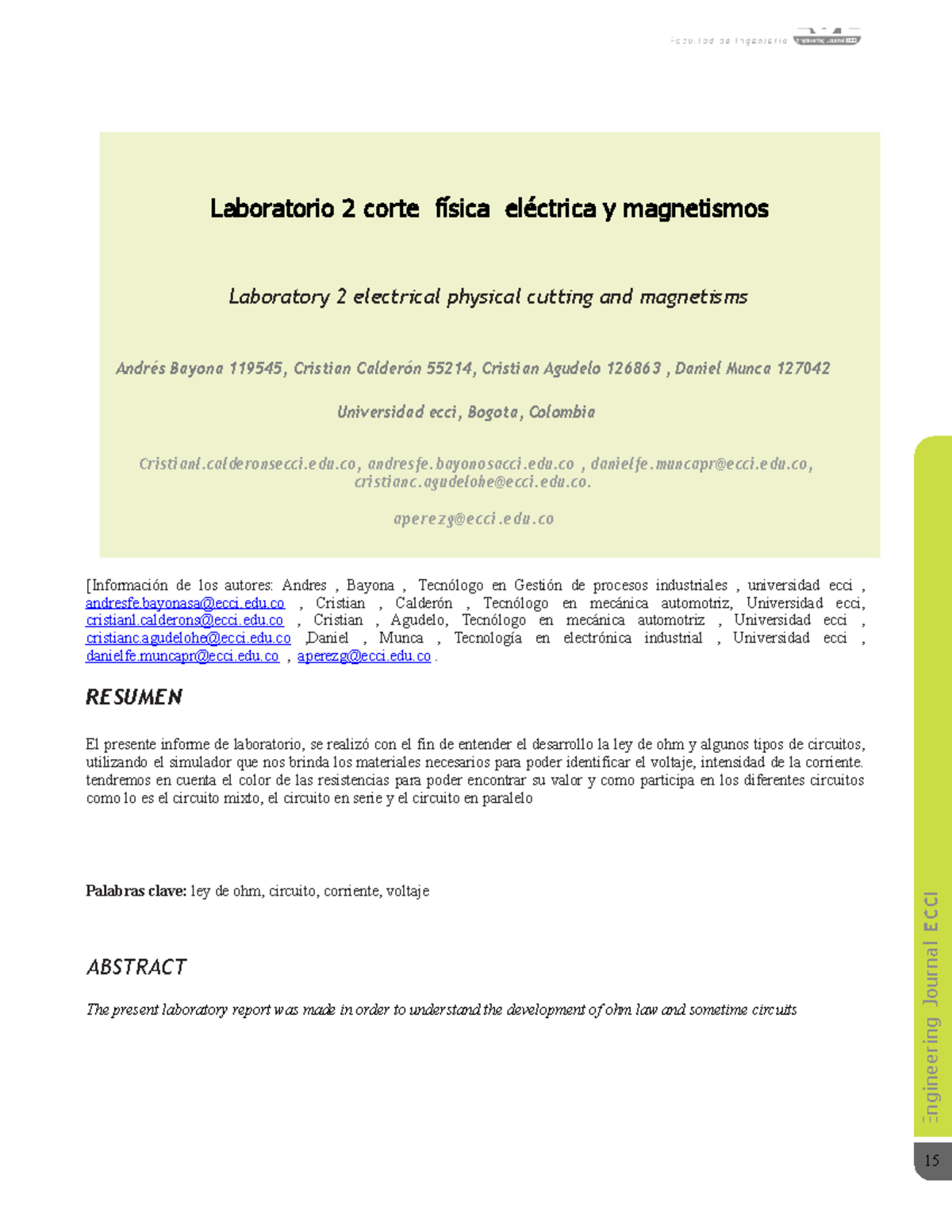Formato artículo Revista EJE V2022-OTH - Engineering Journal ECCI Laboratorio 2 corte física ...