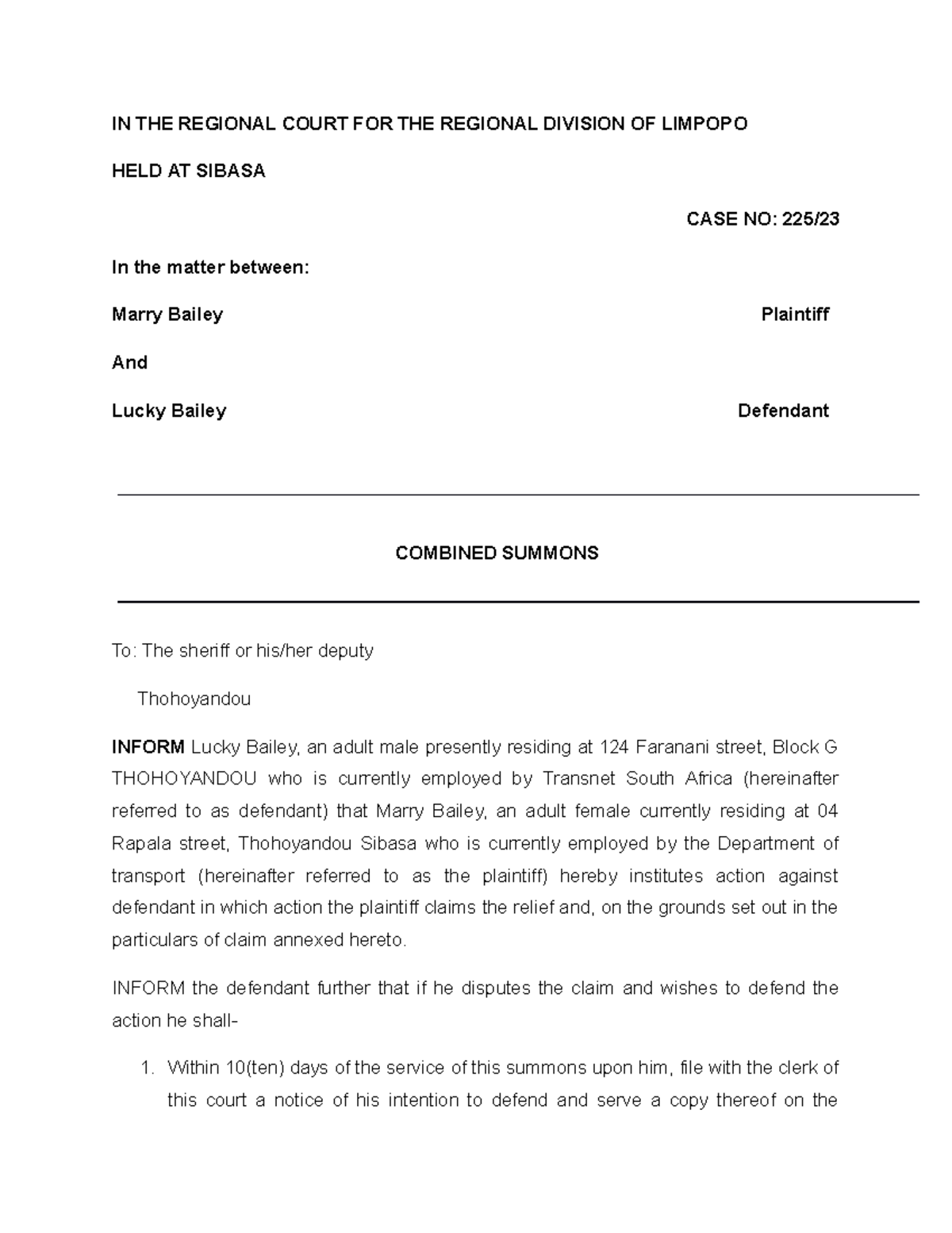 Practical Divorce Combined Summons - IN THE REGIONAL COURT FOR THE REGIONAL DIVISION OF LIMPOPO ...