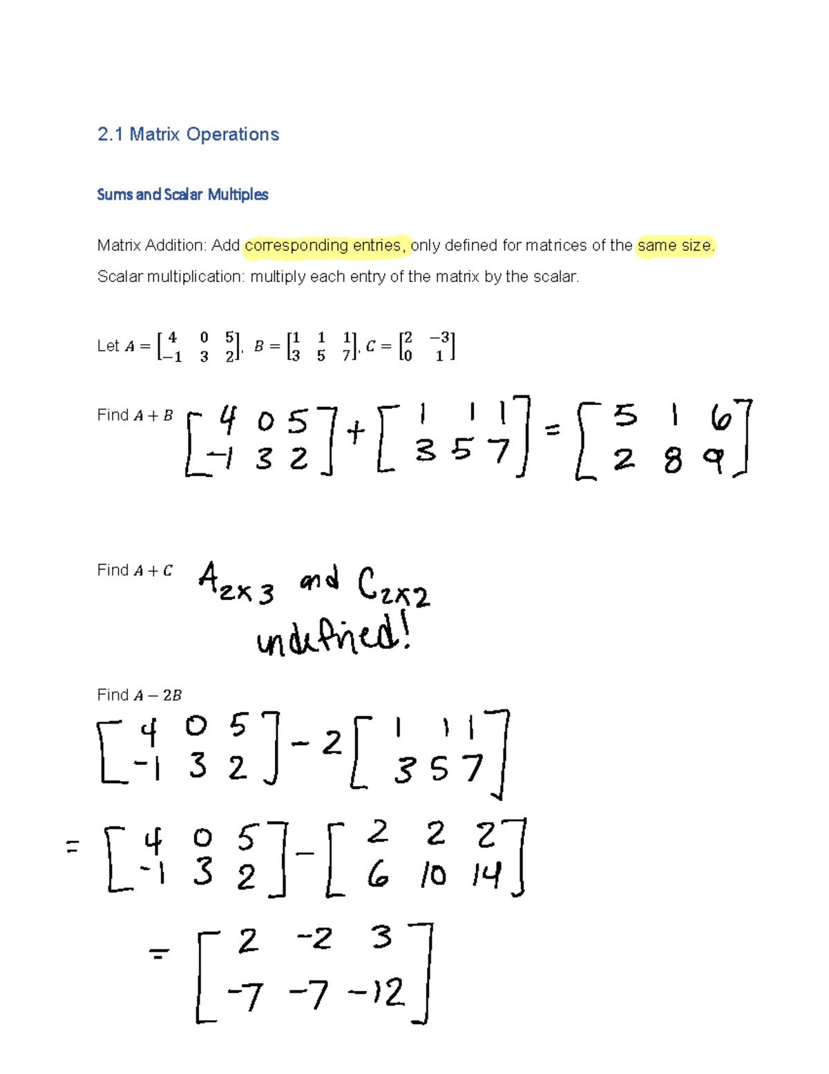 LA 2.1 Notes 2024-06-10 14 36 24 - 2 Matrix Operations Sums and Scalar ...