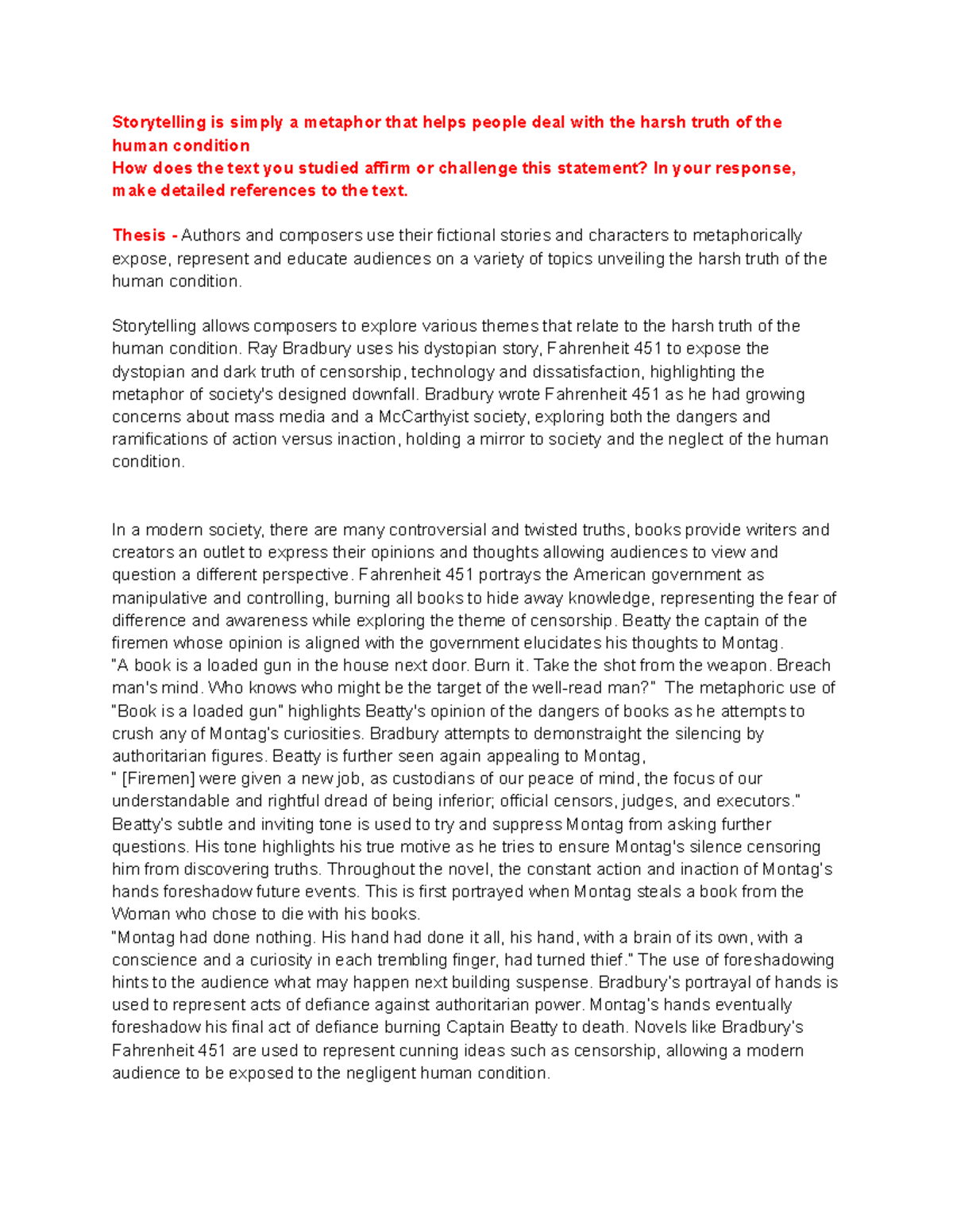 Fahrenheit 451 analytical essay - Storytelling is simply a metaphor ...