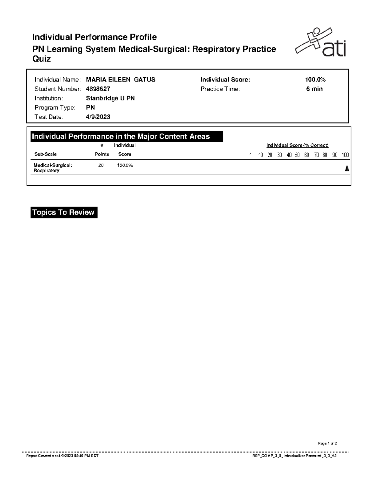 ATI Learning System Respiratory System Practice Test - Individual ...