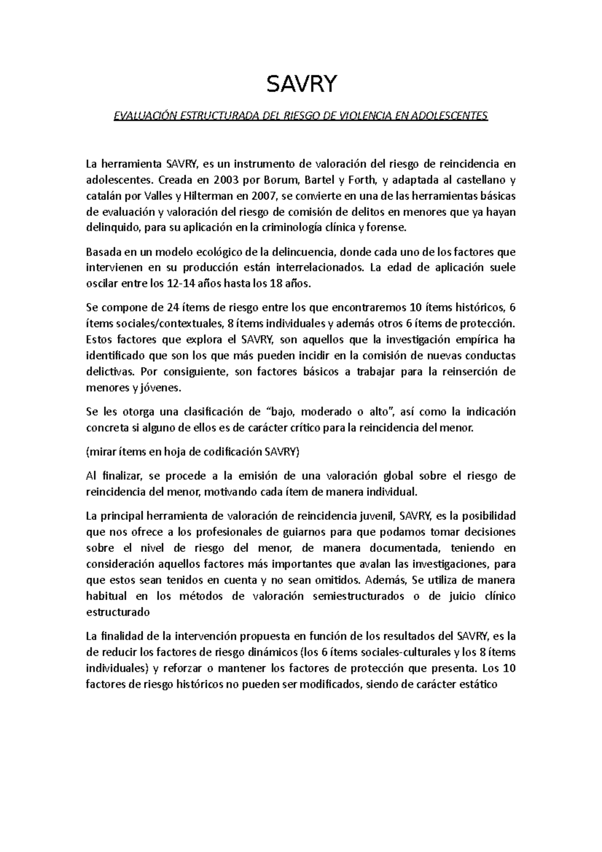 Savry - SAVRY EVALUACIÓN ESTRUCTURADA DEL RIESGO DE VIOLENCIA EN ...
