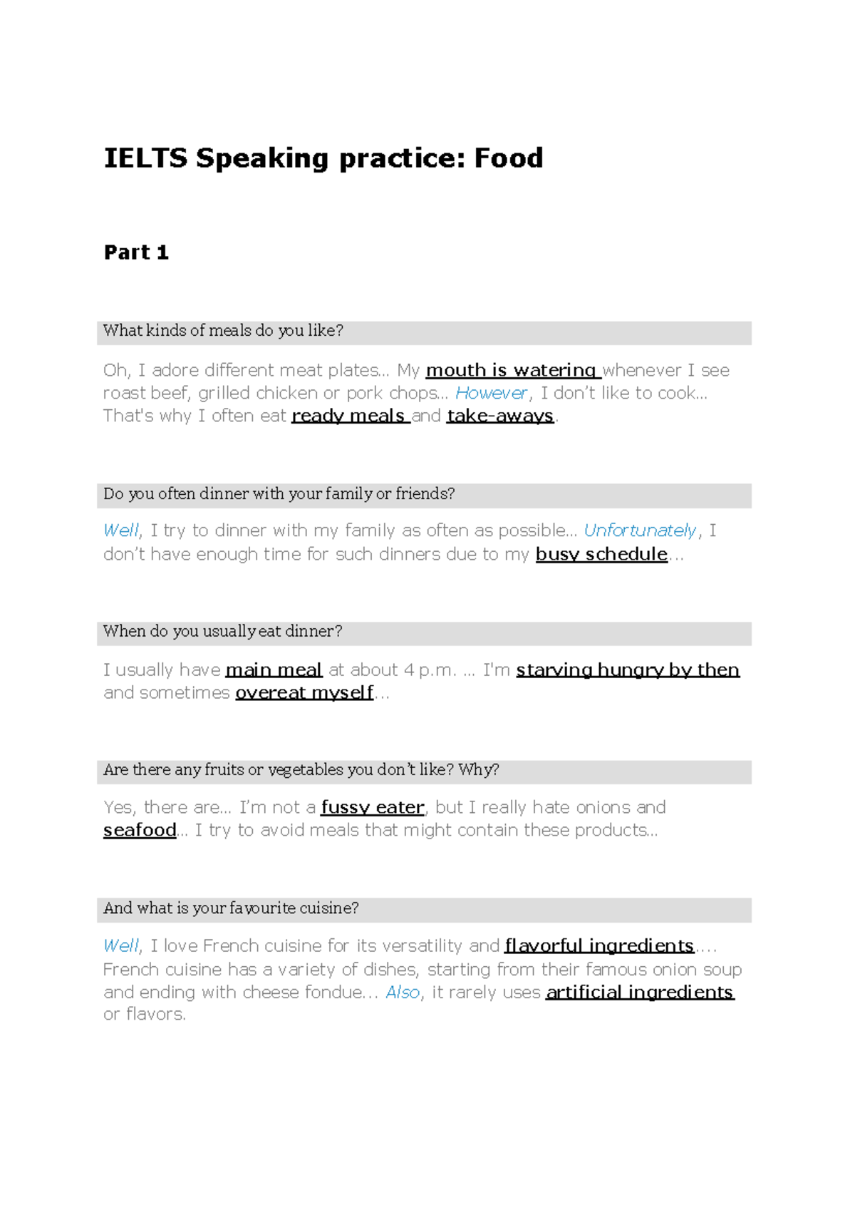 Food Speaking Practice - IELTS Speaking practice: Food Part 1 What ...