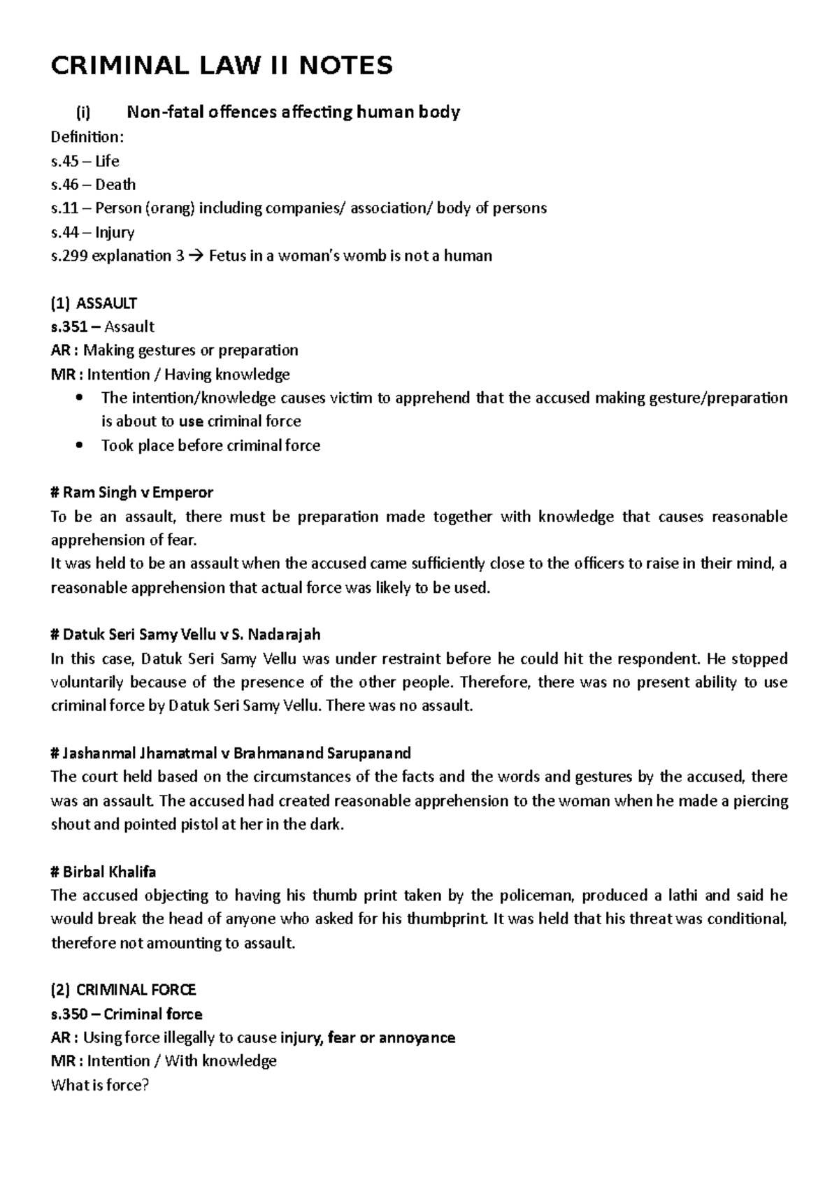 Criminal Notes - CRIMINAL LAW II NOTES (i) Non-fatal offences affecting ...