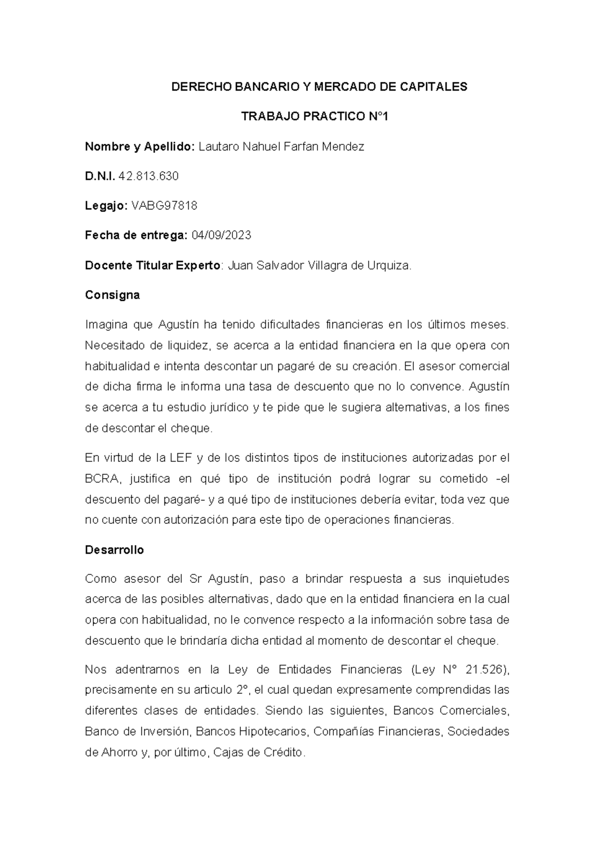 Trabajo Practico N° 1-Derecho Bancario y Mercado de capitales- Lautaro ...