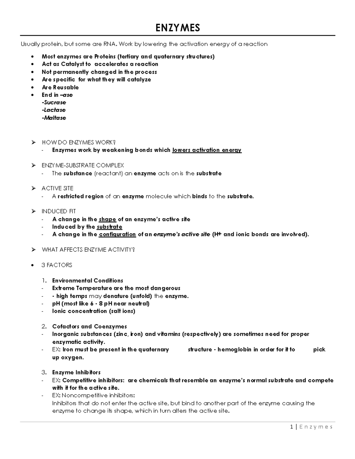 Enzymes - Biochemistry Notes - ENZYMES Usually protein, but some are ...