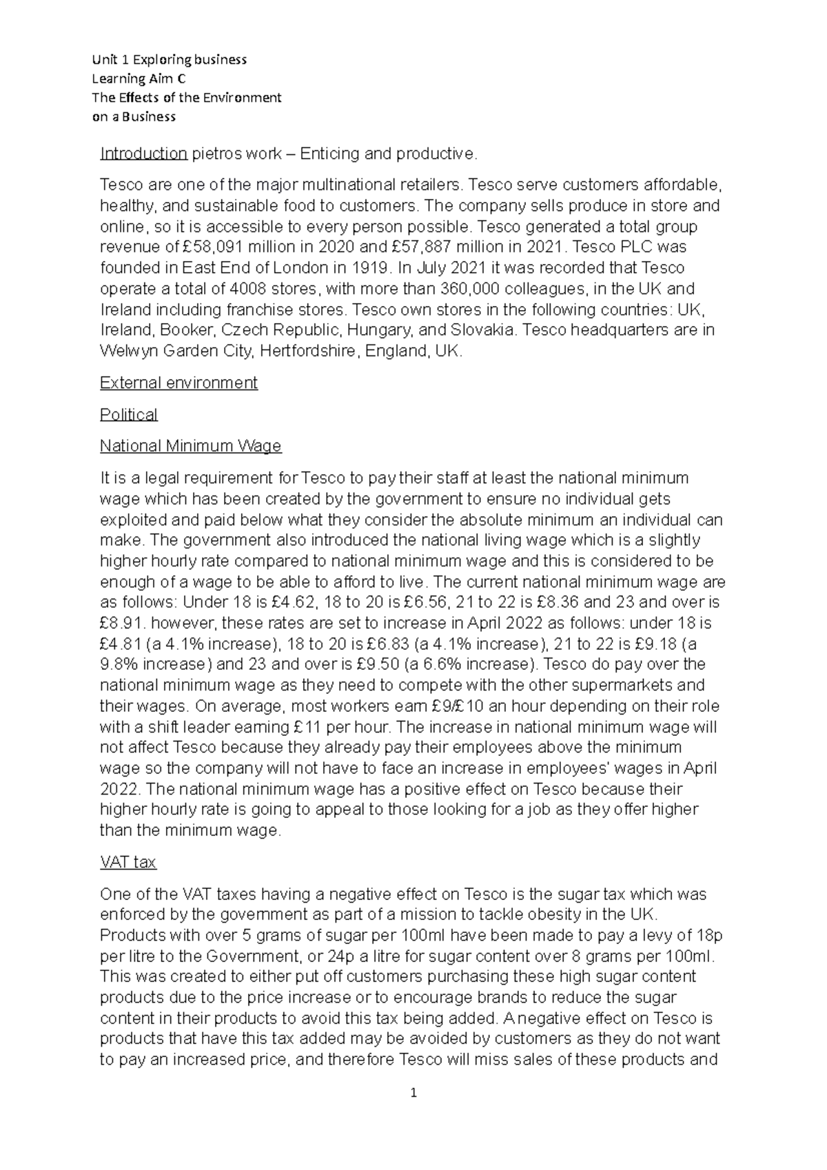 Sample work assignment 2 - Learning Aim C The Effects of the ...