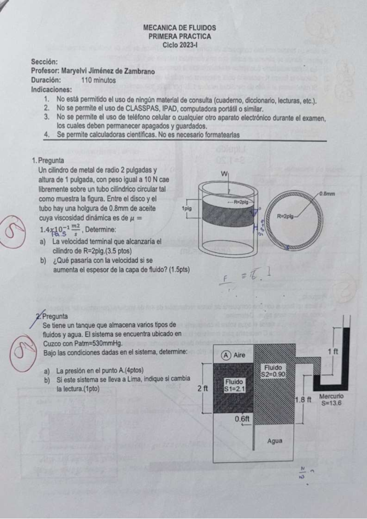 PC1 -2023-01 - PC1 - MECANICA DE FLUIDOS PRIMERA PRACTICA Ciclo Sección ...